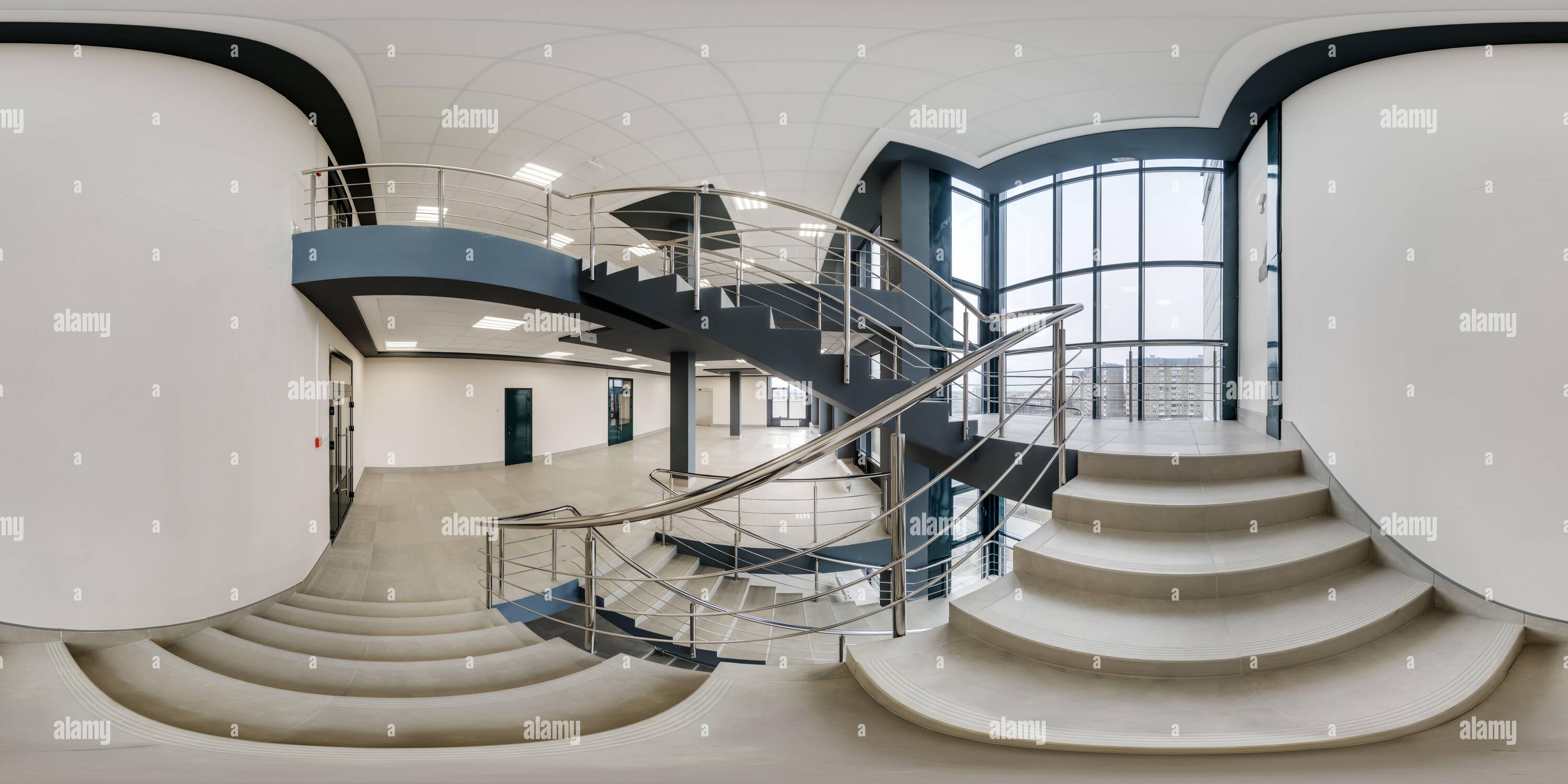 360° view of hdri 360 panorama view on stairs in empty modern hall with ...