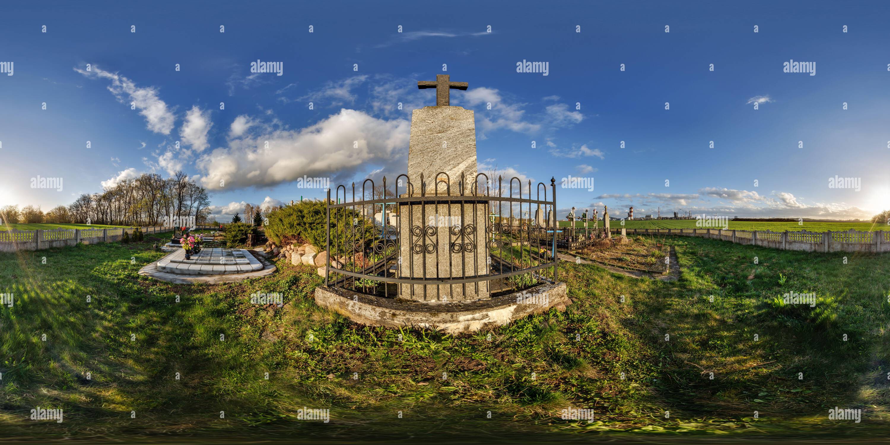 360° view of 360 hdri evening panorama on old graveyard cemetery with ...