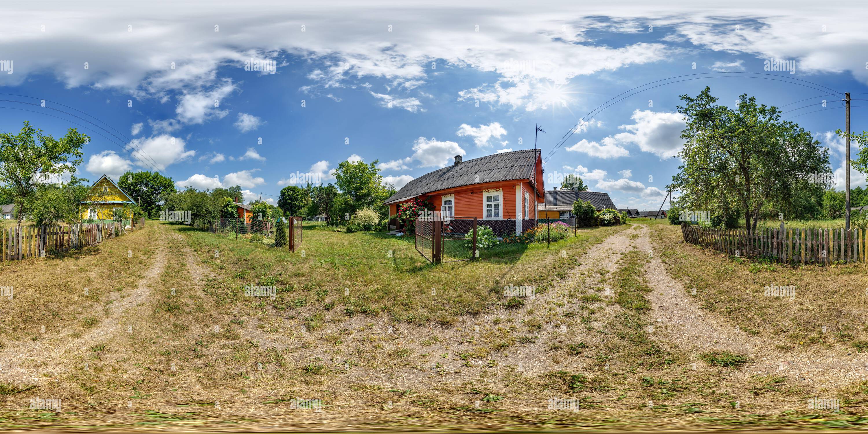 360° view of 360 hdri panorama near wooden home or homestead building ...