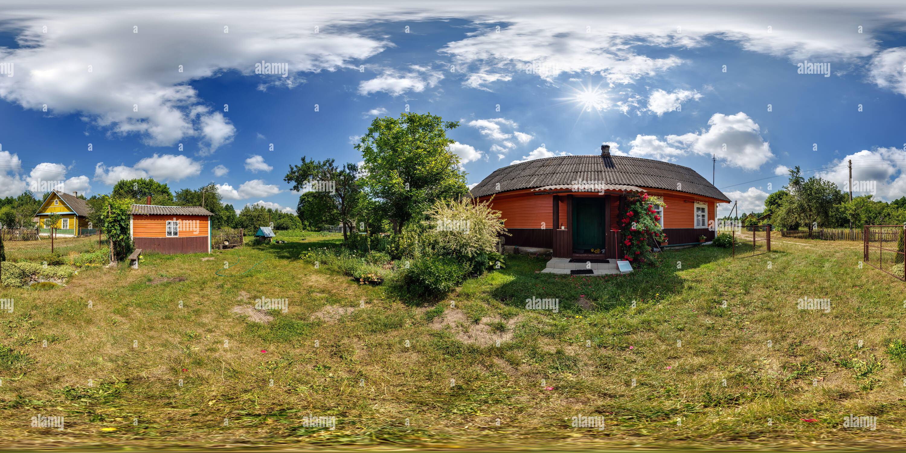 360° view of 360 hdri panorama near wooden home or homestead building ...
