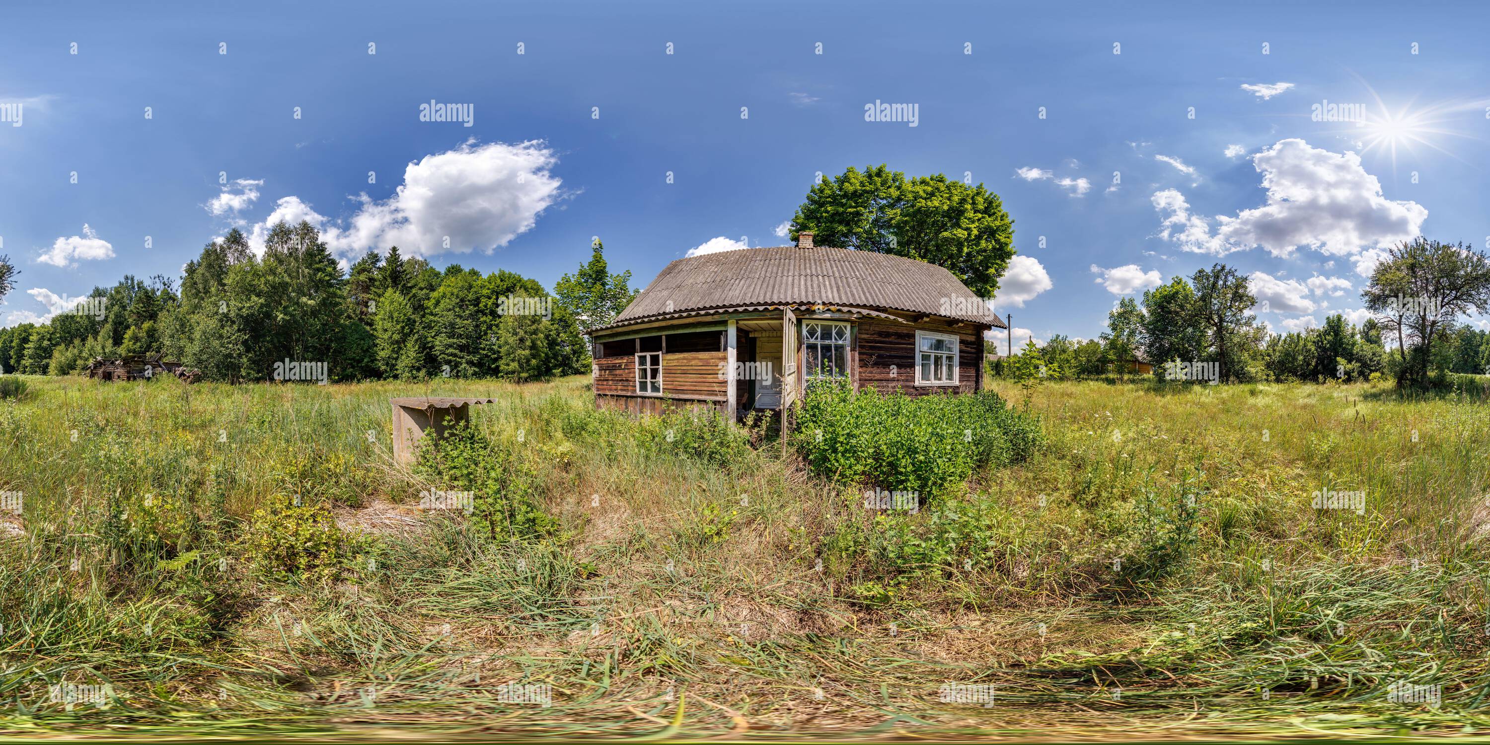 360° view of 360 hdri panorama near abandoned dying village in the ...