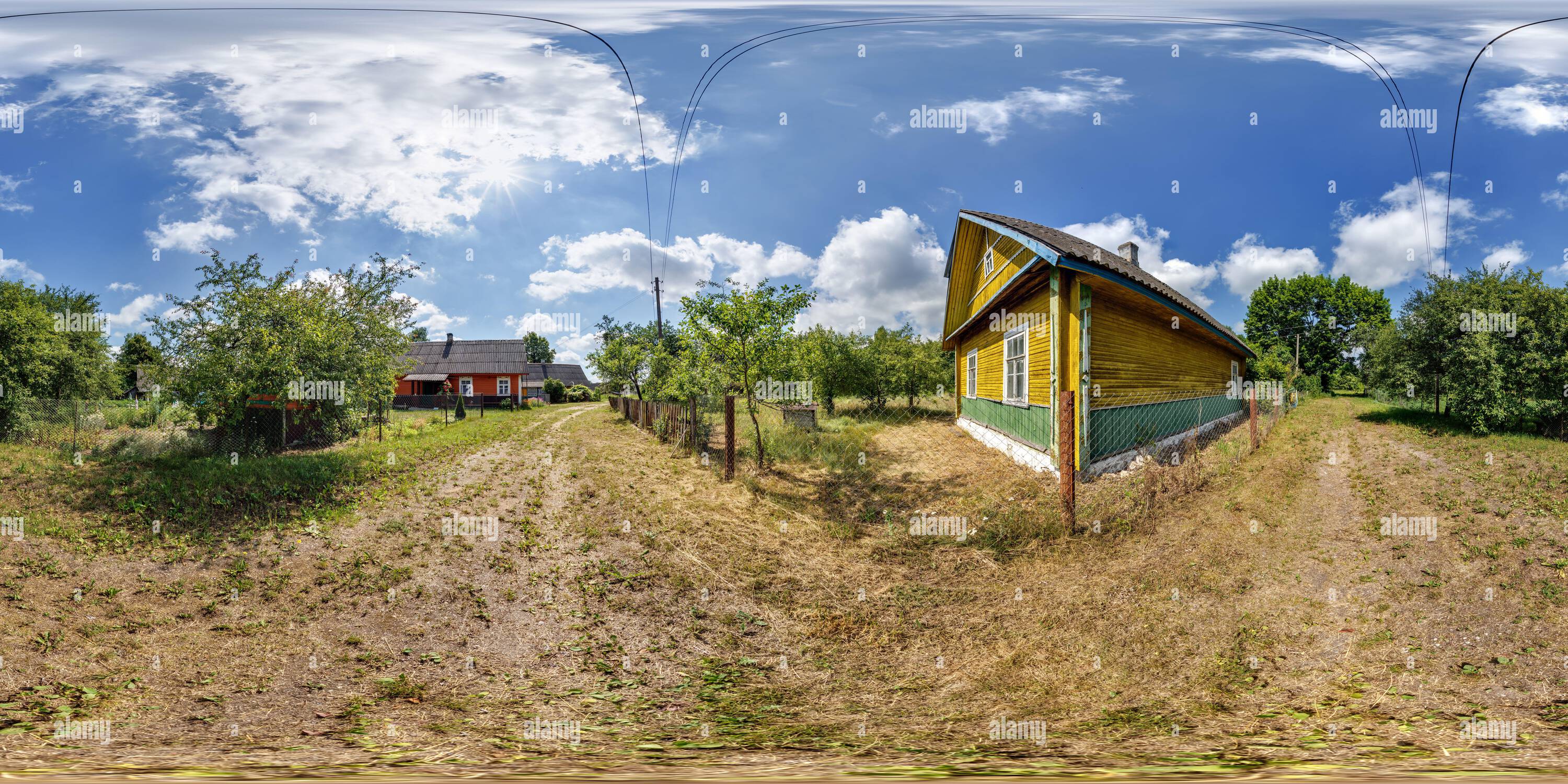 360° view of 360 hdri panorama near wooden home or homestead building ...