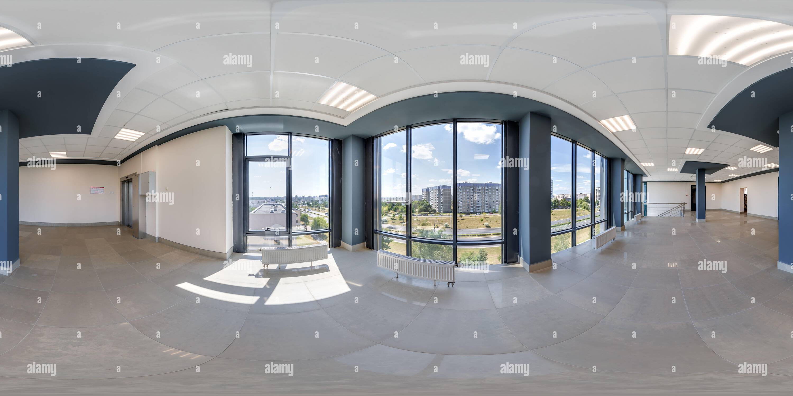 360° view of hdri 360 panorama in empty modern hall with columns, doors ...
