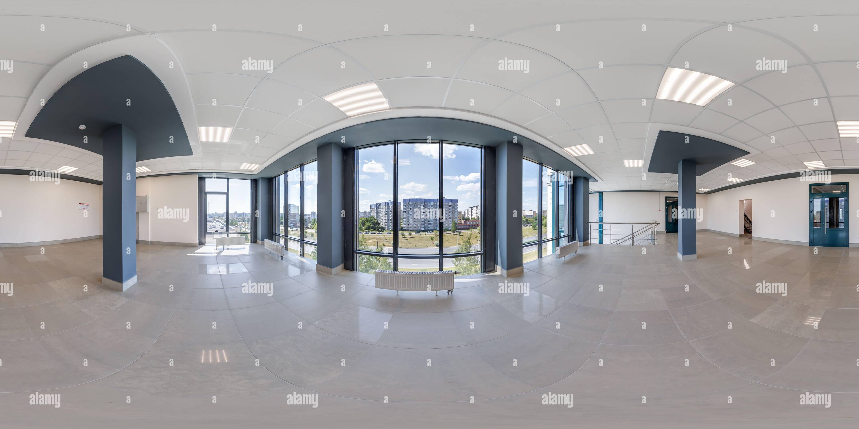 360° view of hdri 360 panorama in empty modern hall with columns, doors ...