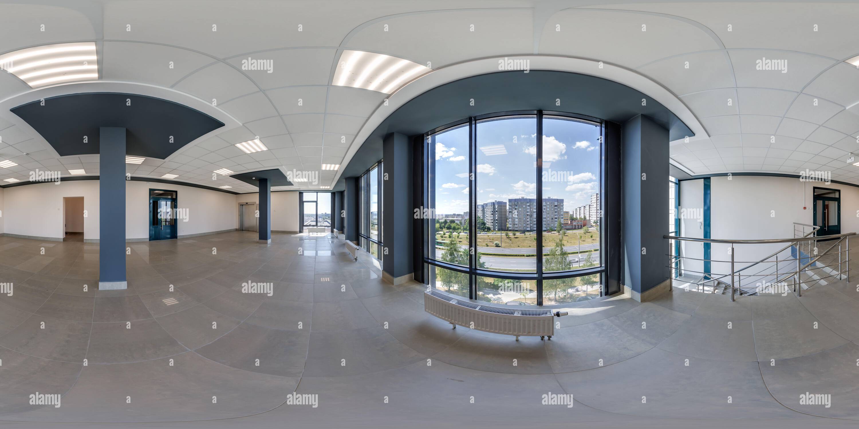 360° view of hdri 360 panorama in empty modern hall with columns, doors ...
