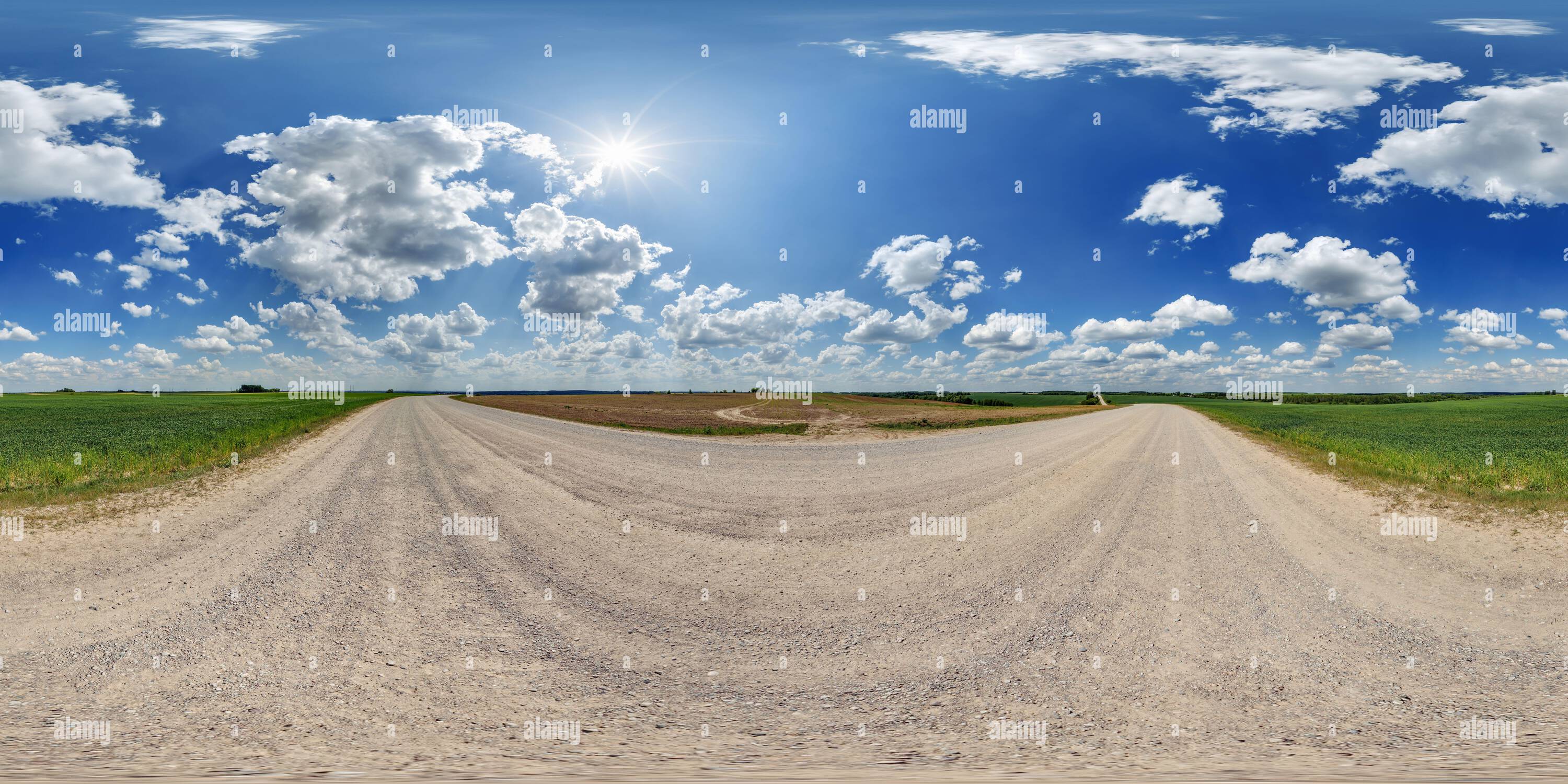 360° view of blue sky hdri 360 panorama with awesome clouds on gravel ...