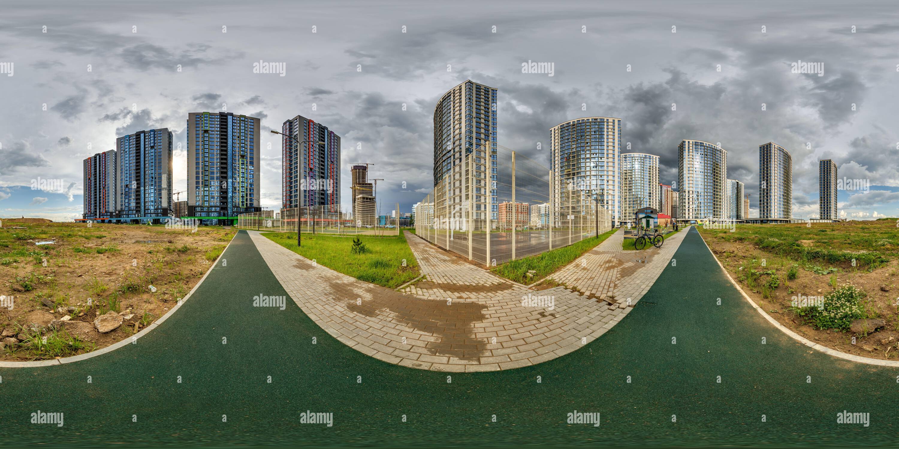 360° view of hdri 360 panorama on pedestrian road near new skyscrapers ...