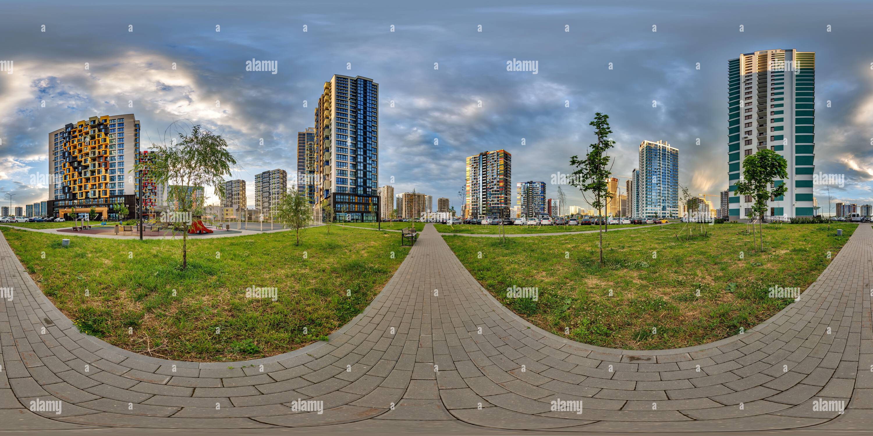 360° view of hdri 360 panorama near new skyscrapers and residential ...