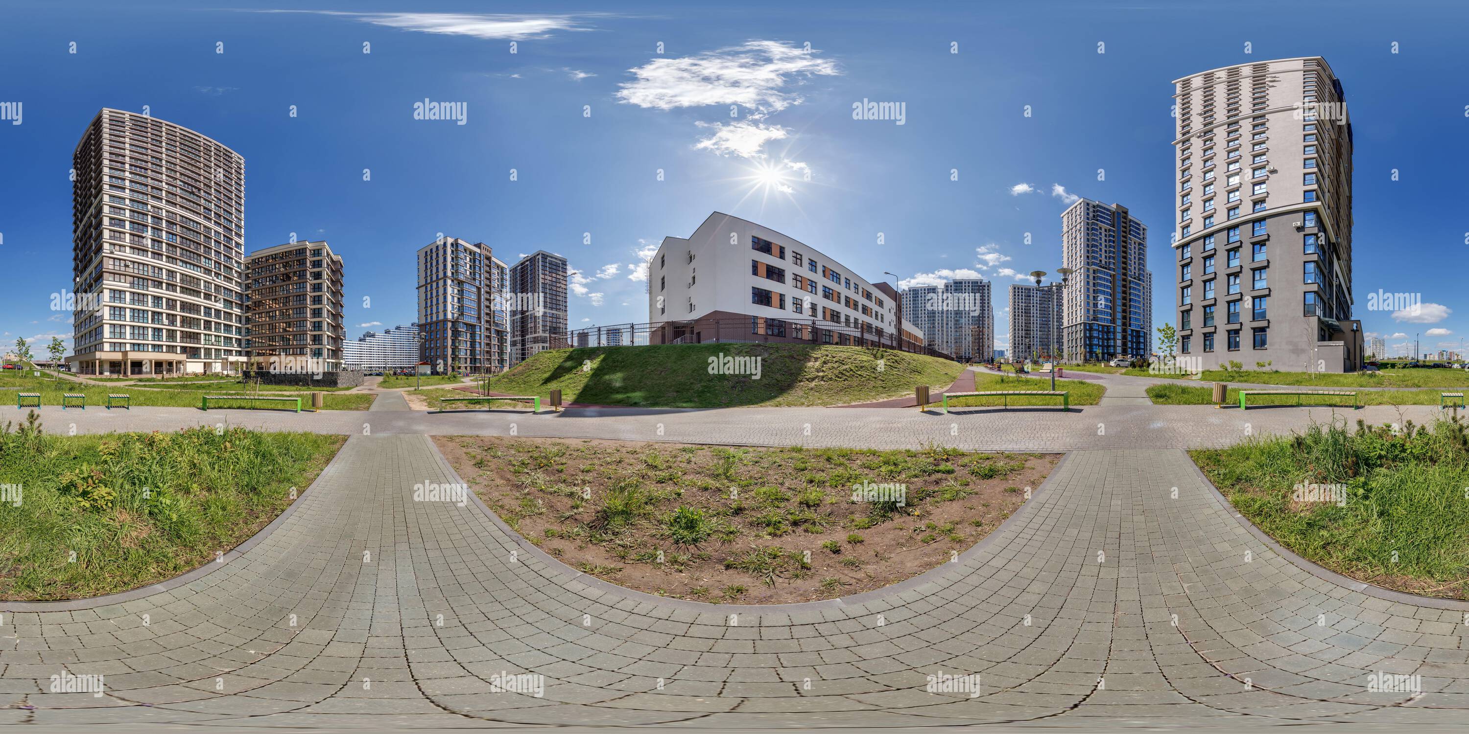 360° view of hdri 360 panorama near skyscraper multistory buildings of ...