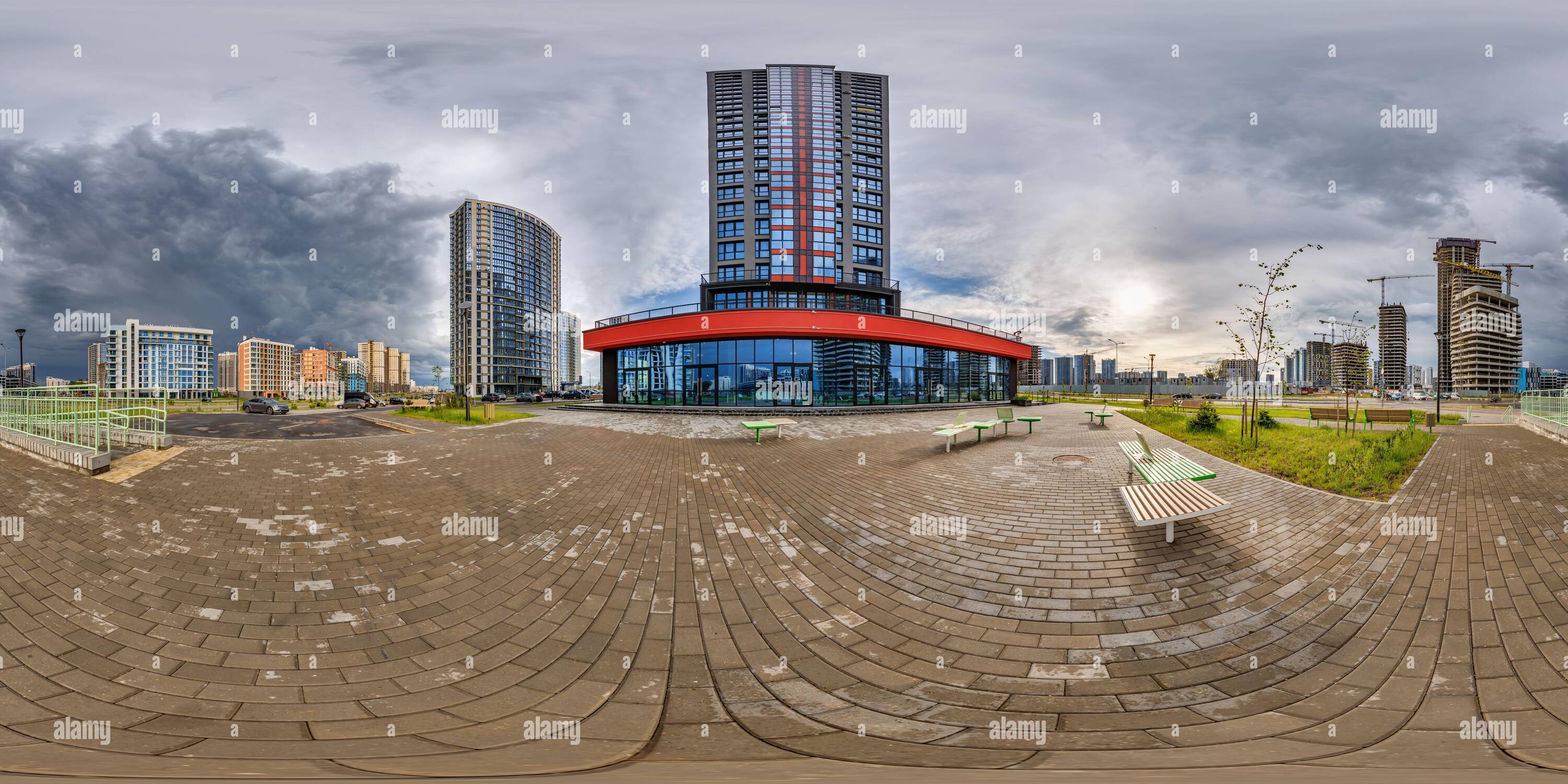 360° view of hdri 360 panorama near new skyscrapers and residential ...