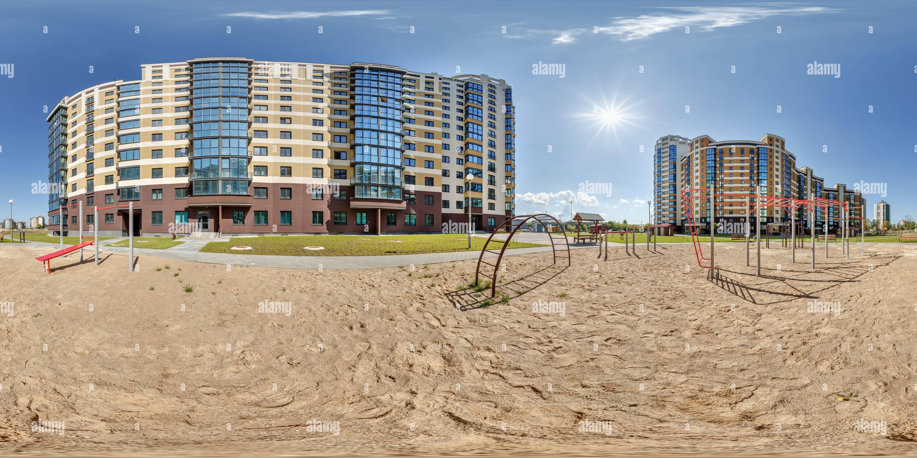 360° view of hdri 360 panorama near new skyscrapers and residential ...