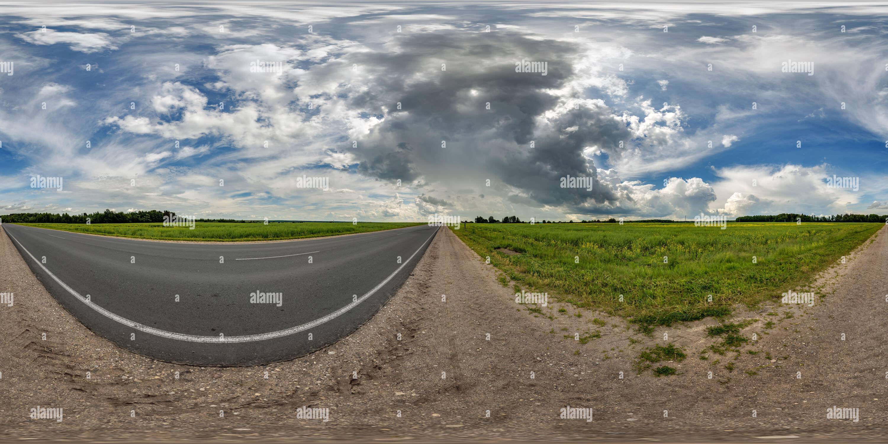 360° view of spherical 360 hdri panorama on side of asphalt road with ...