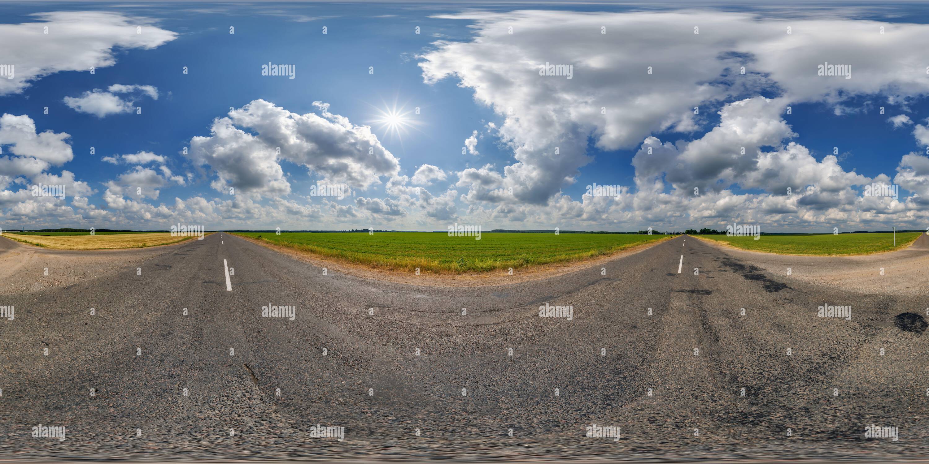 360° view of spherical 360 hdri panorama on asphalt T-shaped road ...