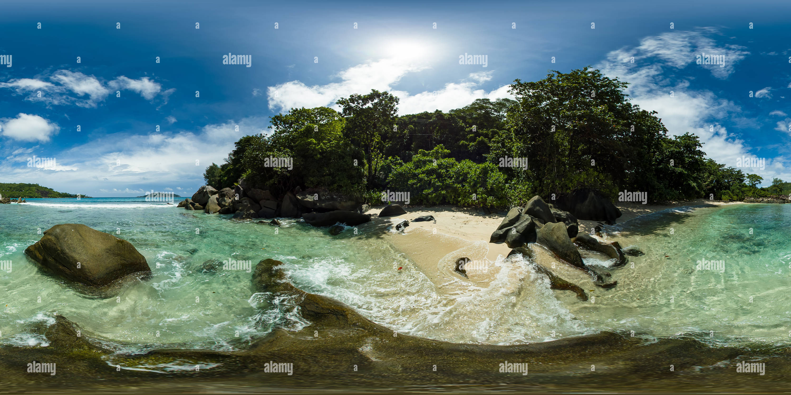 360° view of Tropical cove with calm turquoise waters and rocks. Mahe ...