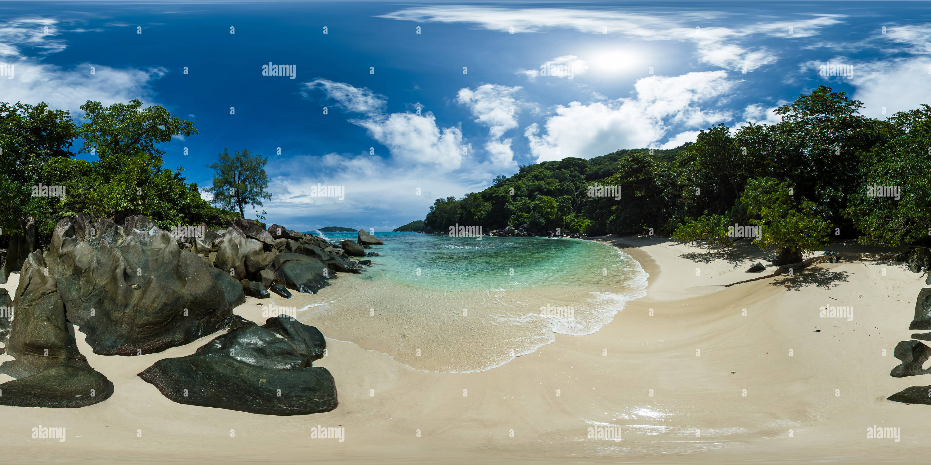 360° view of Tropical cove with calm turquoise waters and rocks. Mahe ...