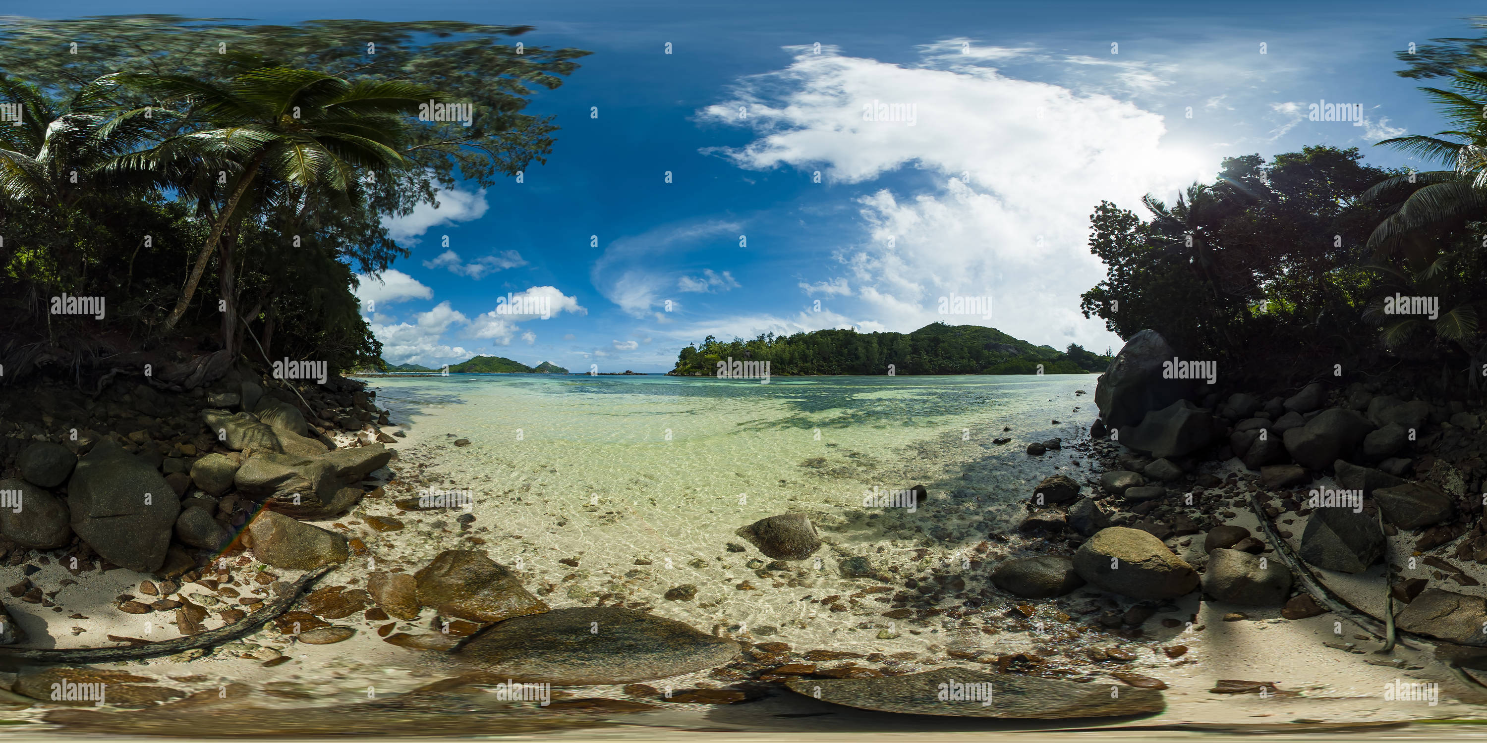 360° view of Rocky tropical shoreline with clear water. Mahe ...