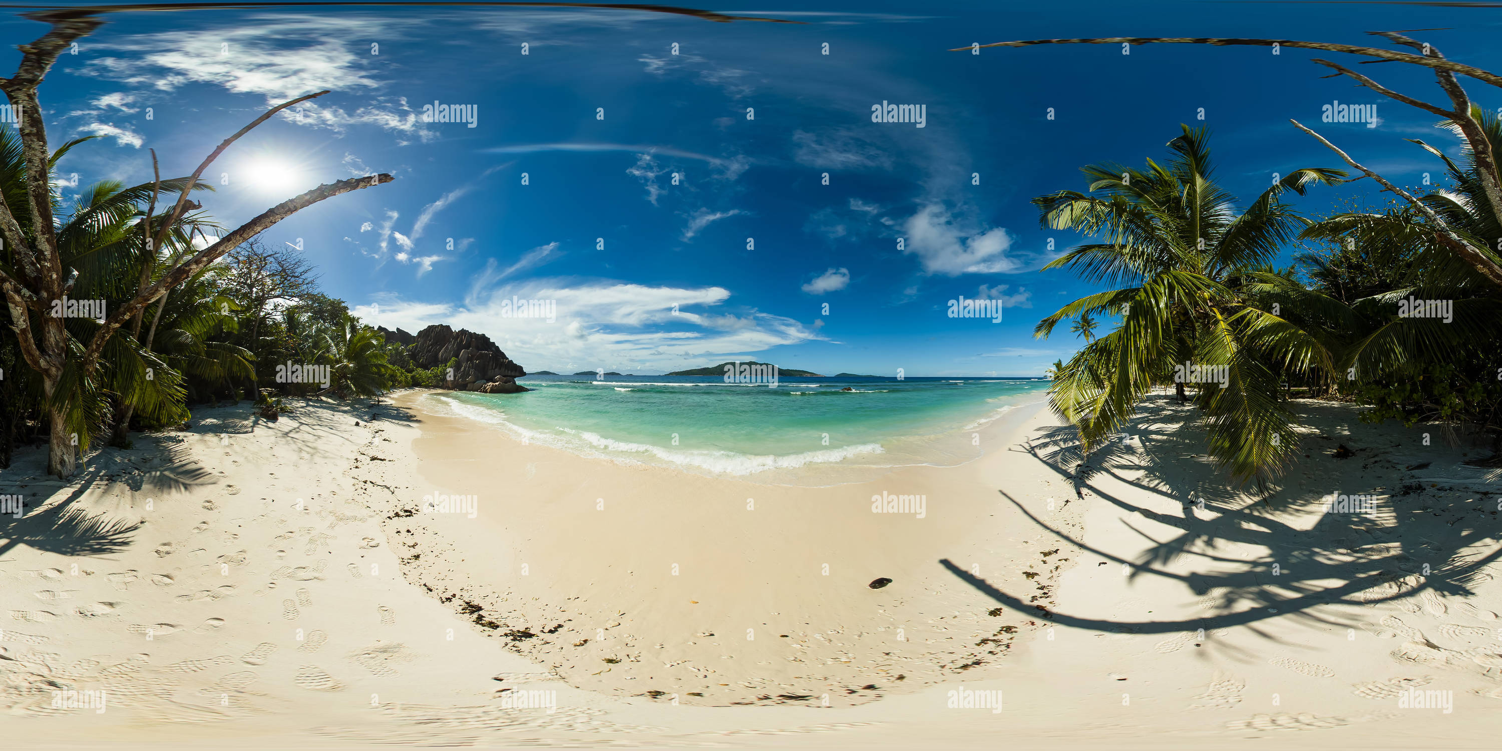 360° view of Shaded palm trees along tranquil beach. La Digue ...
