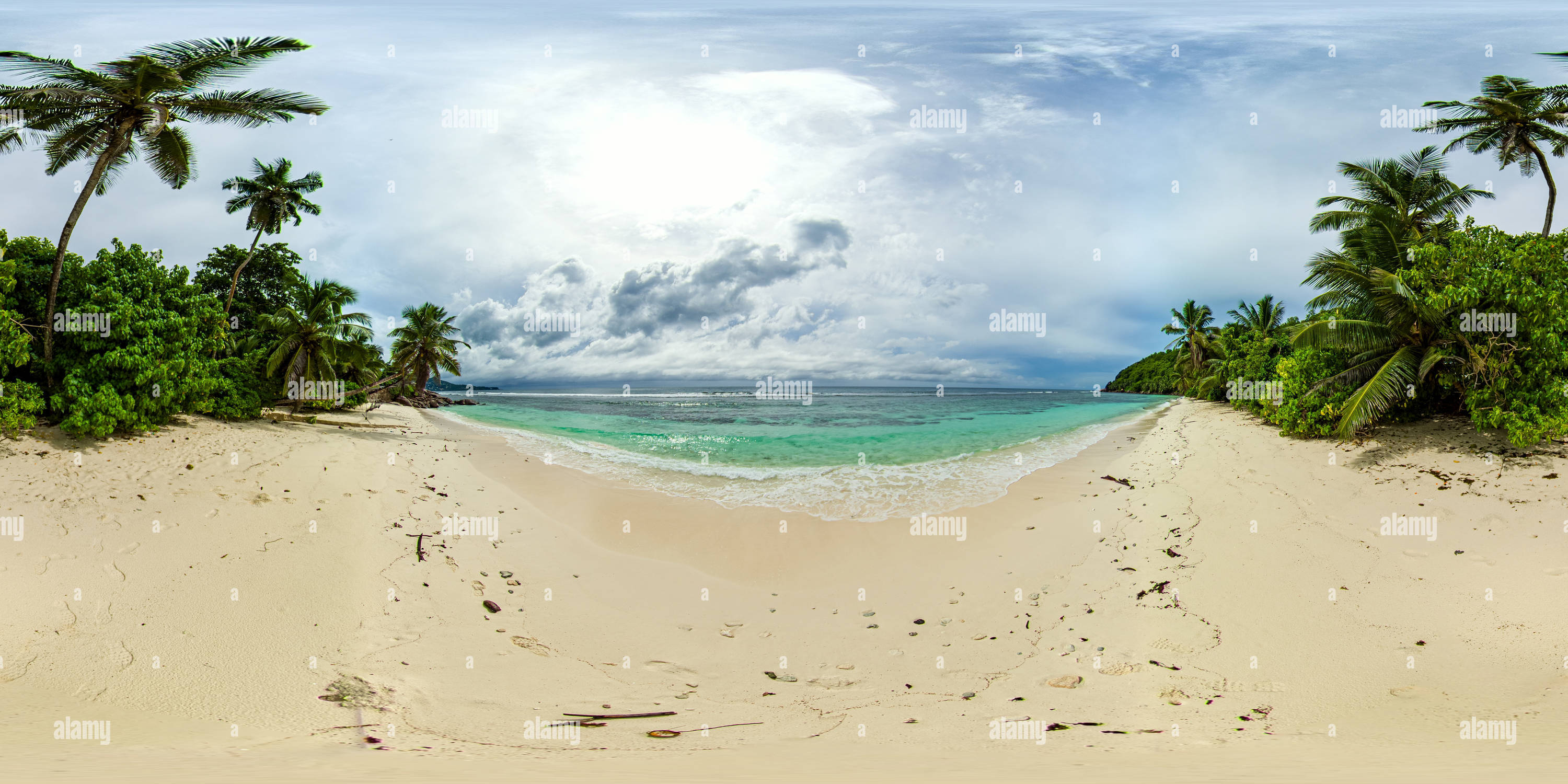 360° view of Secluded beach with soft waves and lush greenery. Mahe ...