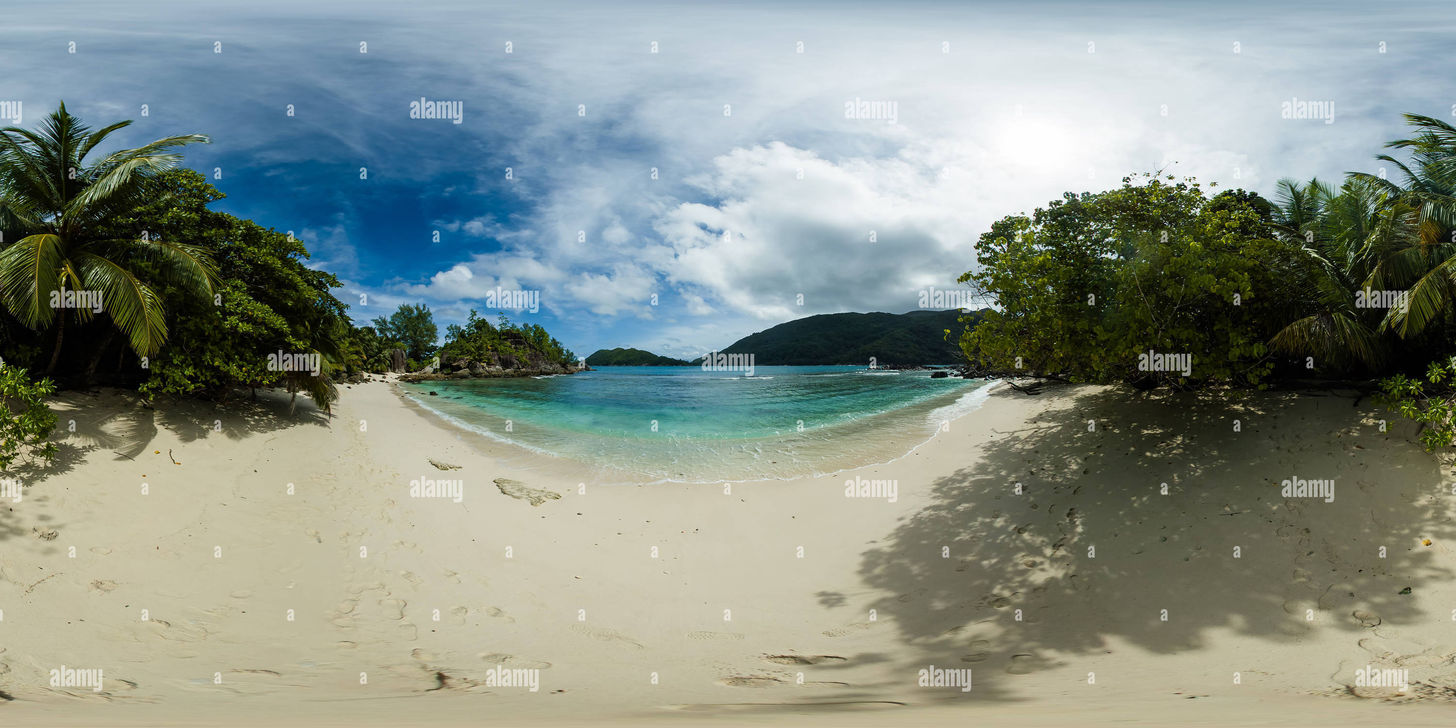 360° view of Tropical bay with palm trees and turquoise waters. Mahe ...
