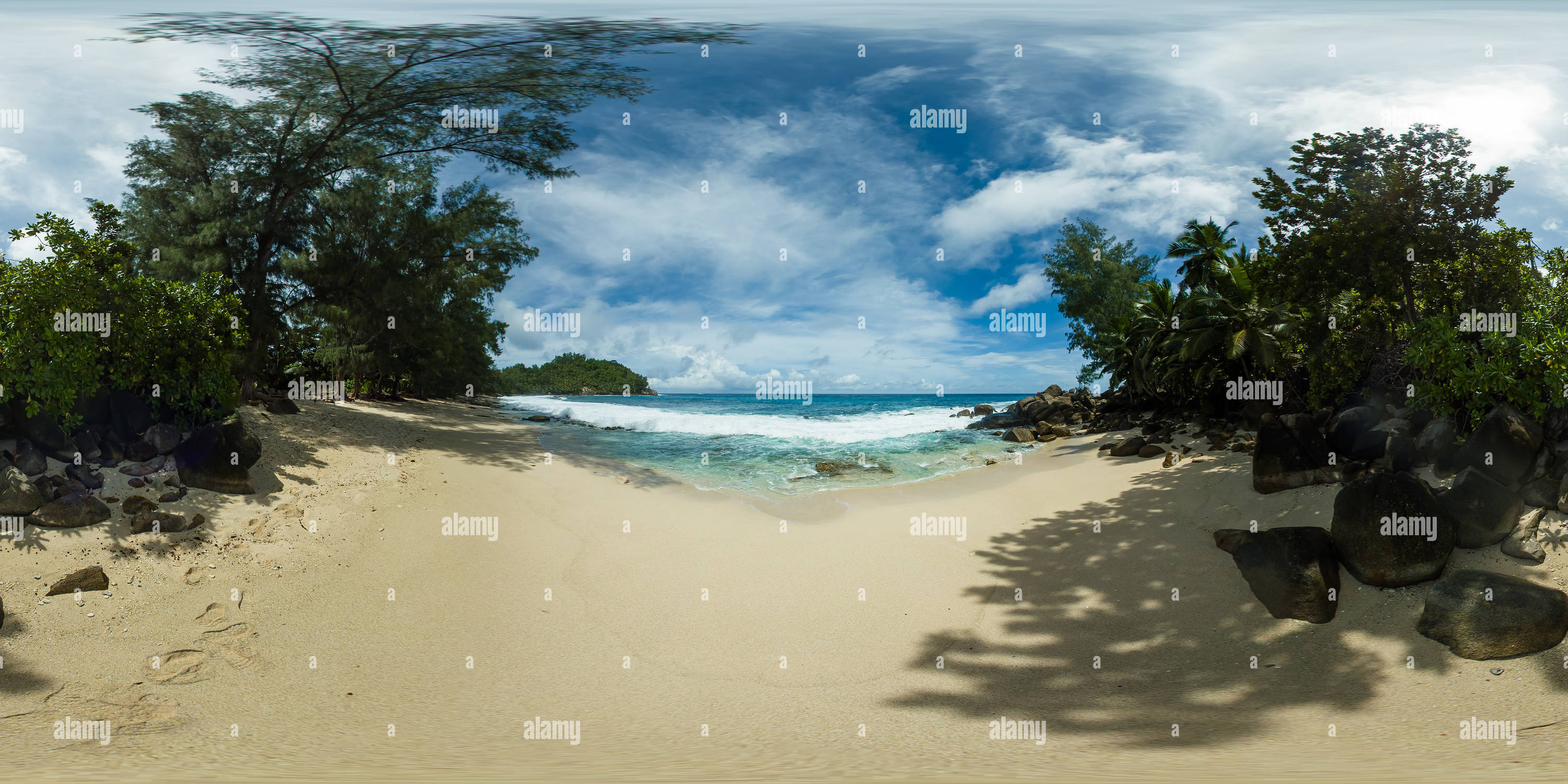 360° view of Shaded beach path leading to turquoise waves. Mahe ...