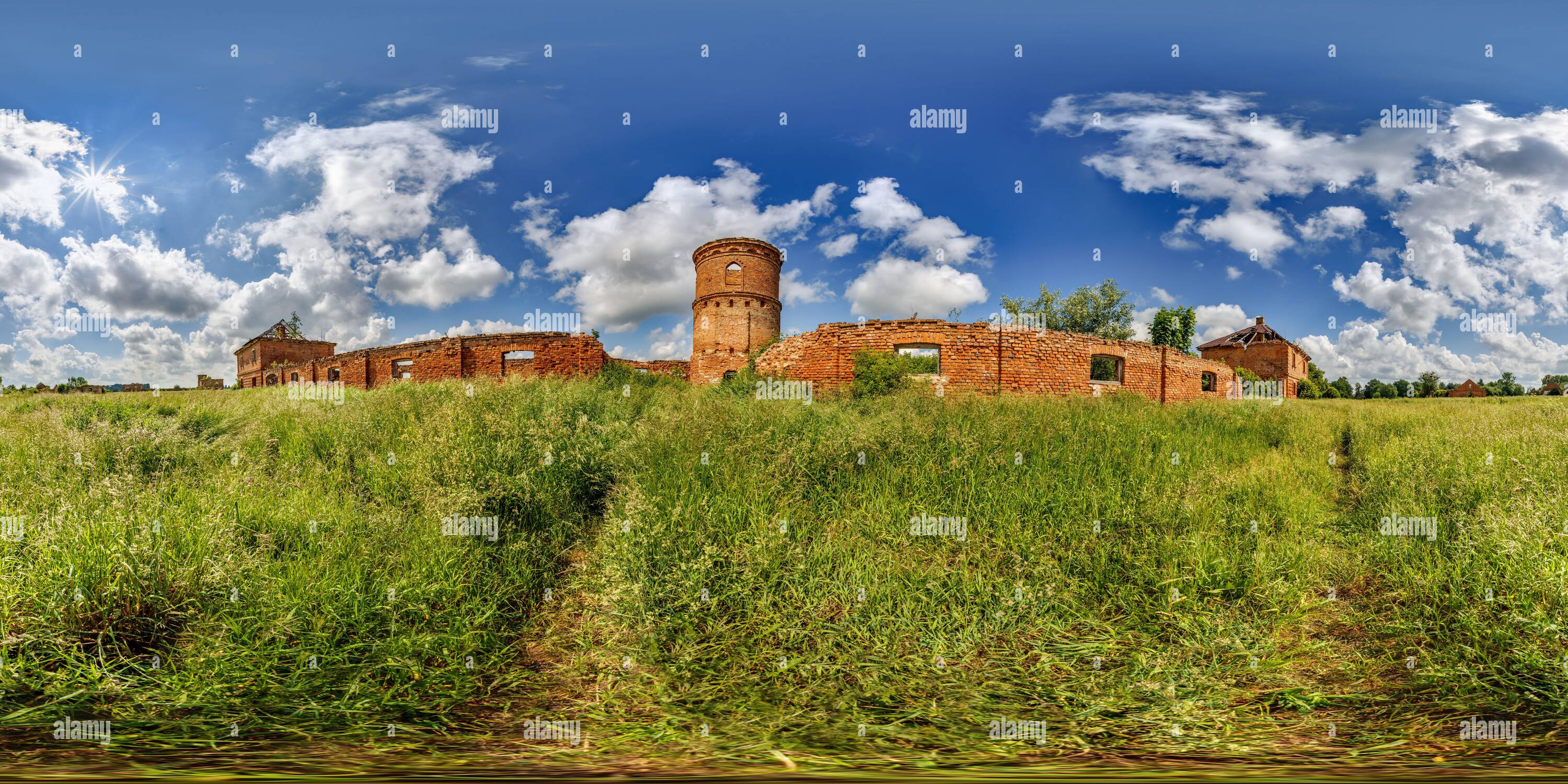 360° view of full seamless spherical hdri 360 panorama near ruined red ...