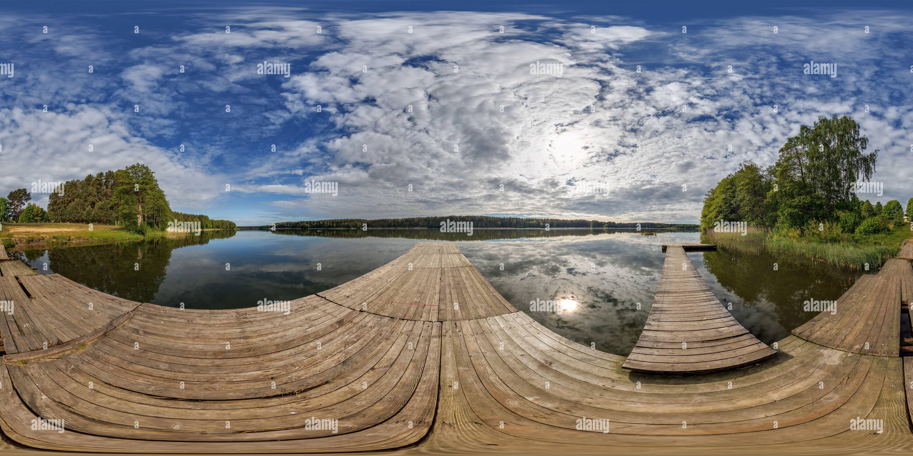 360° view of 360 hdri panorama on wooden pier of lake or river in ...