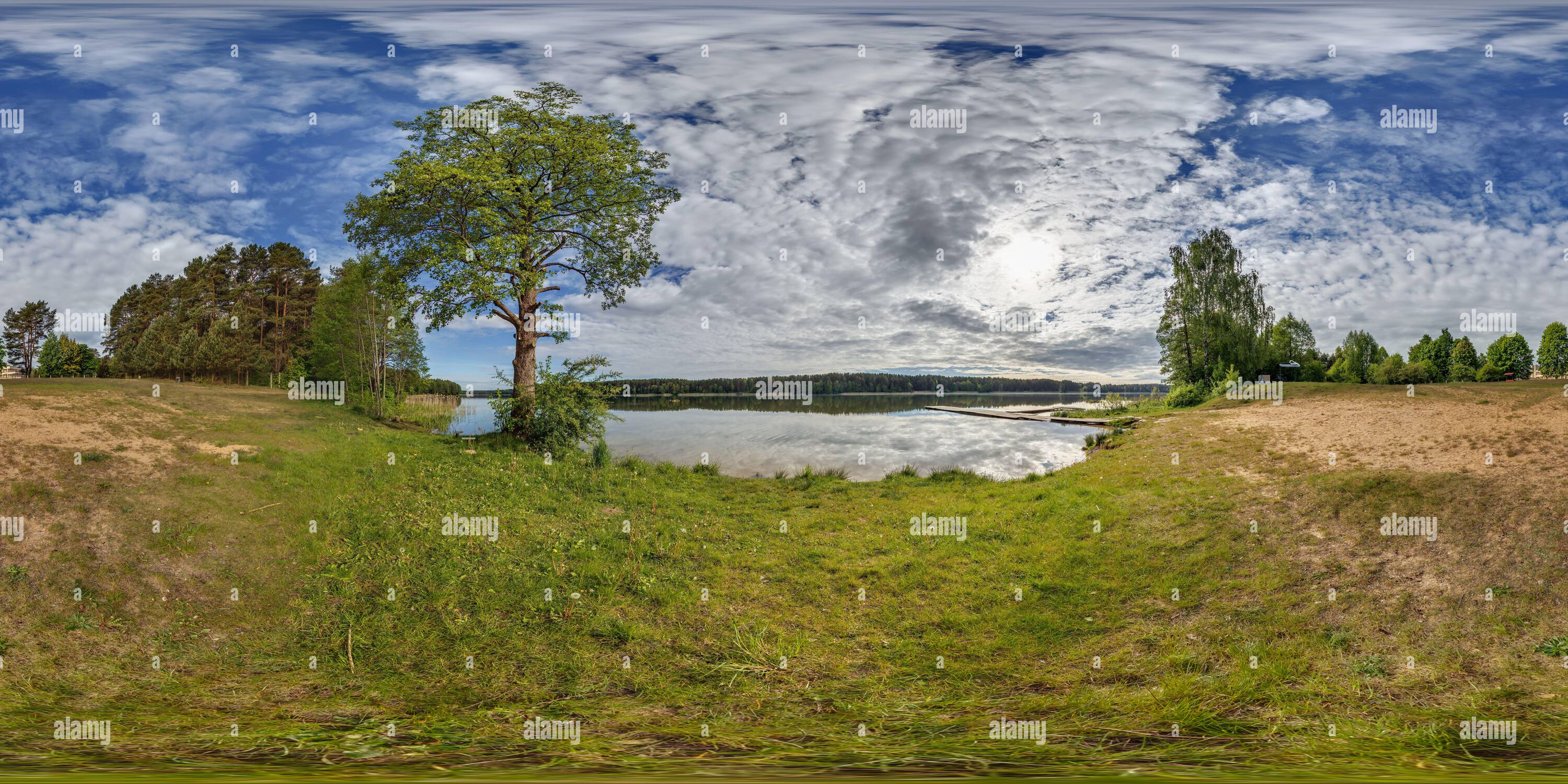 360° view of 360 hdri panorama near wooden pier of lake or river in ...