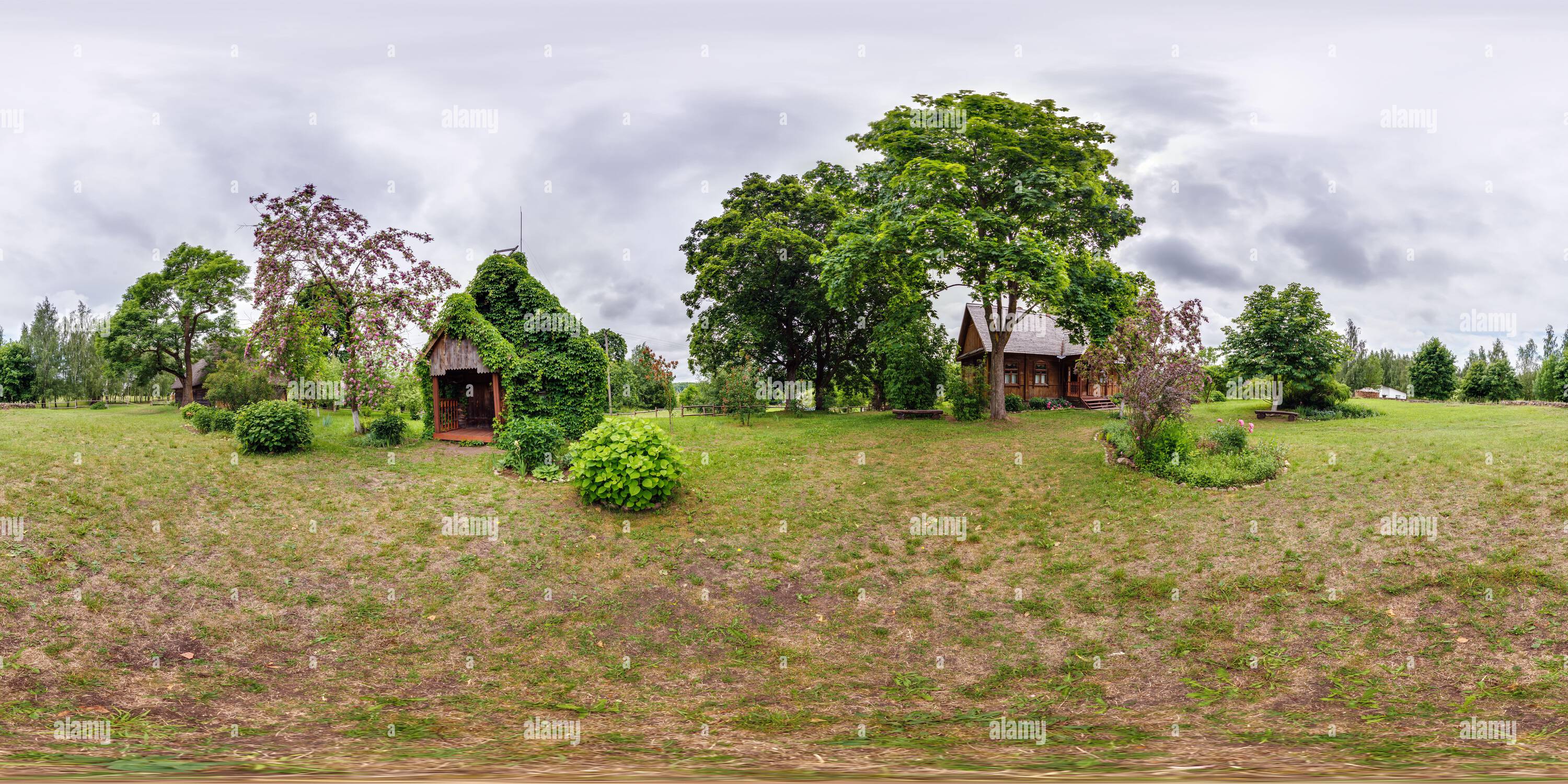 360° view of full seamless spherical hdri 360 panorama near wooden ...