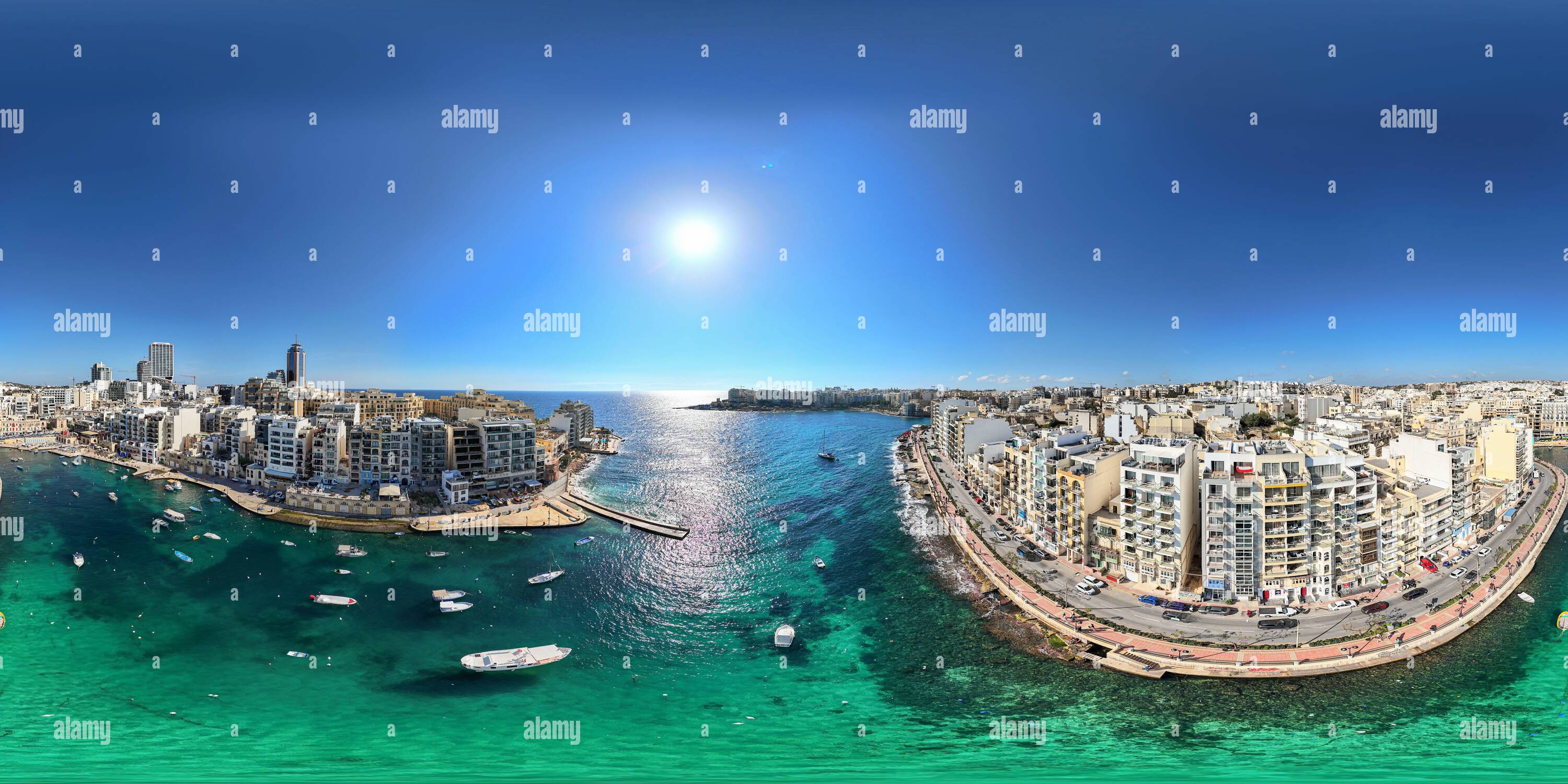 360° view of An early morning 360 aerial view over Spinola Bay in Malta ...