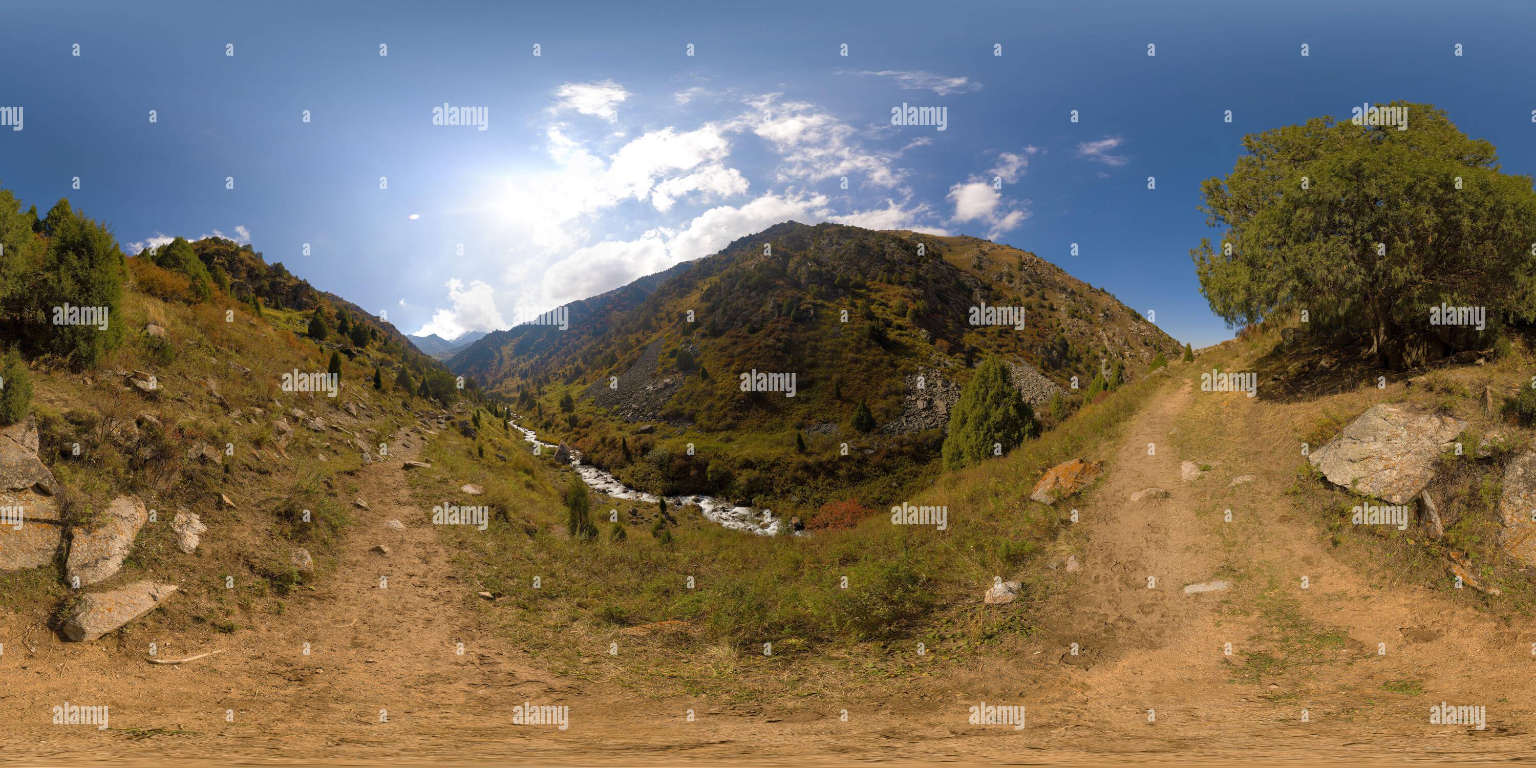 360° view of Full Spherical panorama of rocky hiking trail trough ...