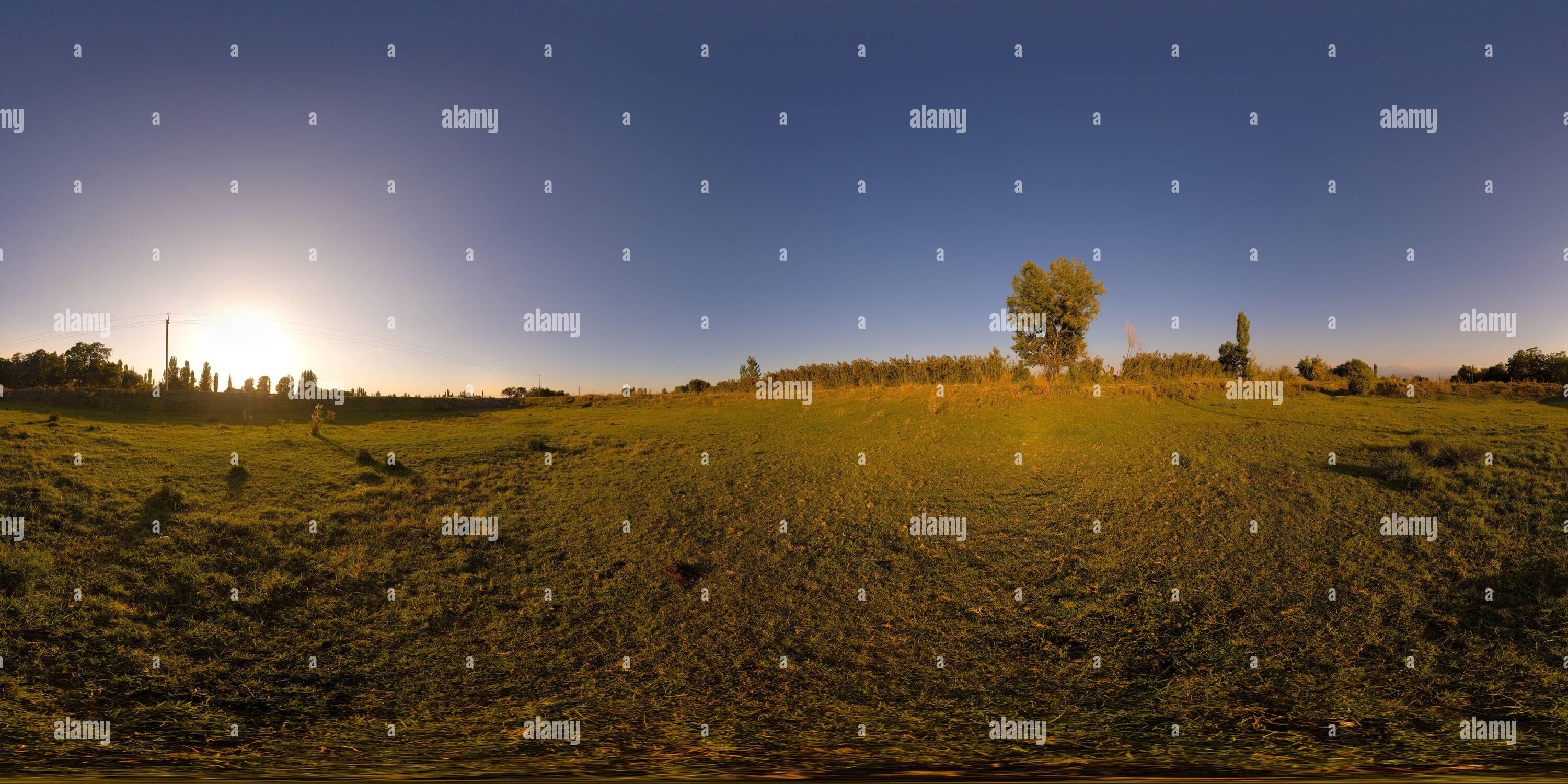 360° view of Full spherical panorama of empty green meadow with short ...