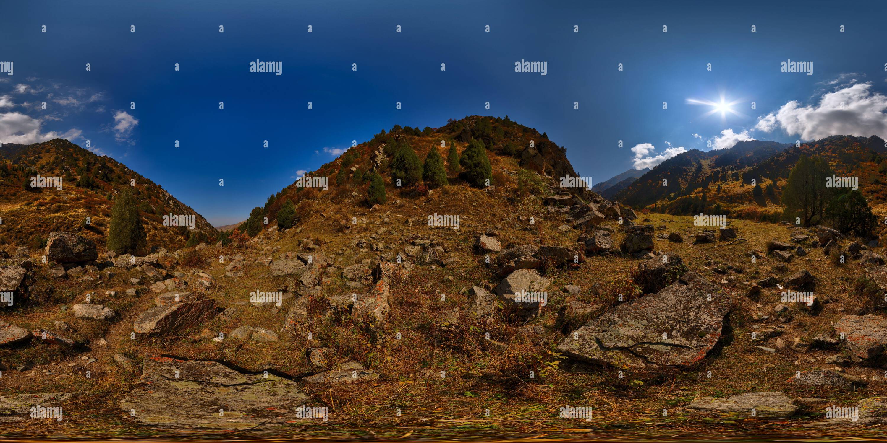 360° view of Full Spherical panorama of rocky hiking trail trough ...