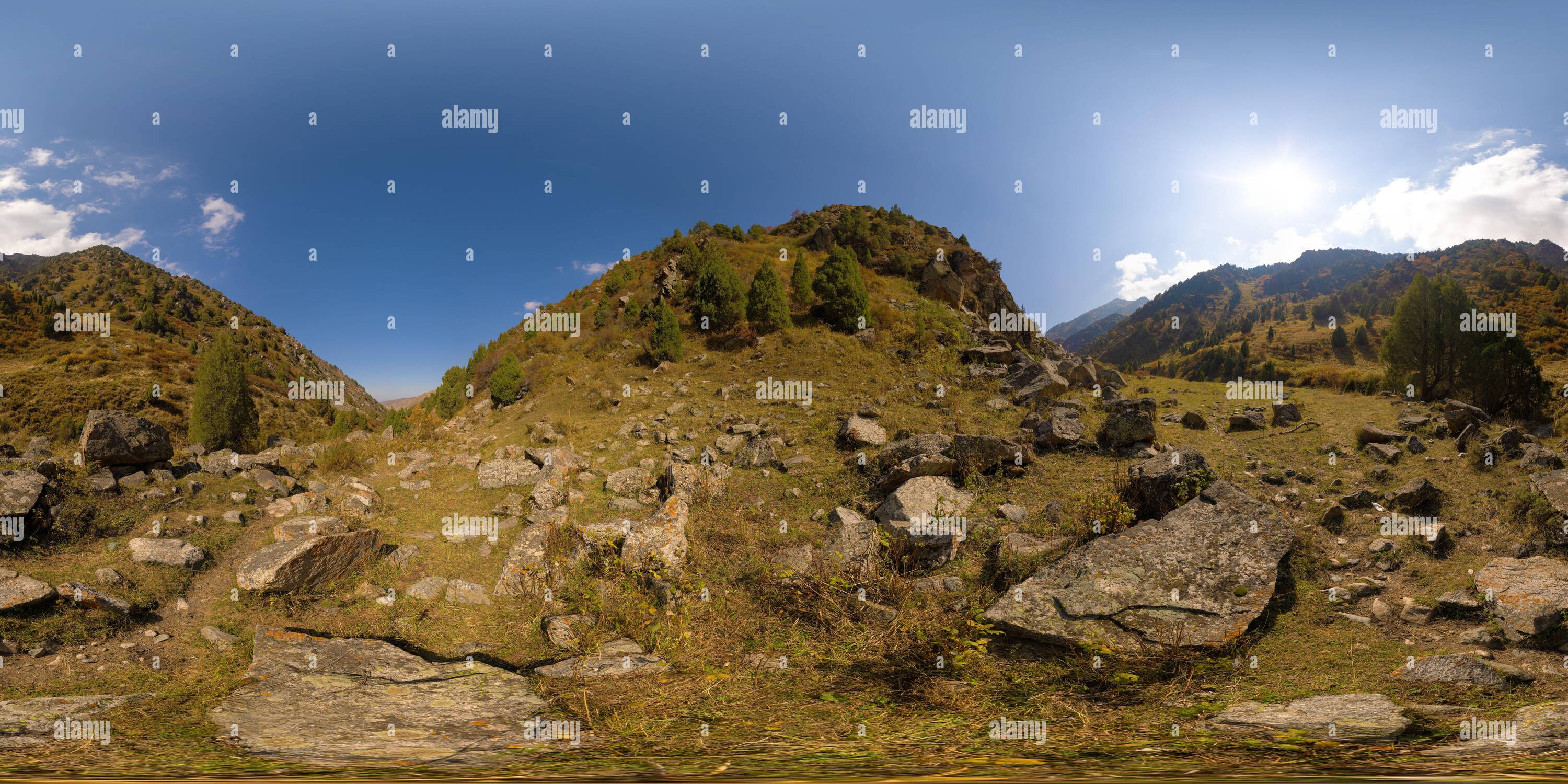 360° view of Full Spherical panorama of rocky hiking trail trough ...