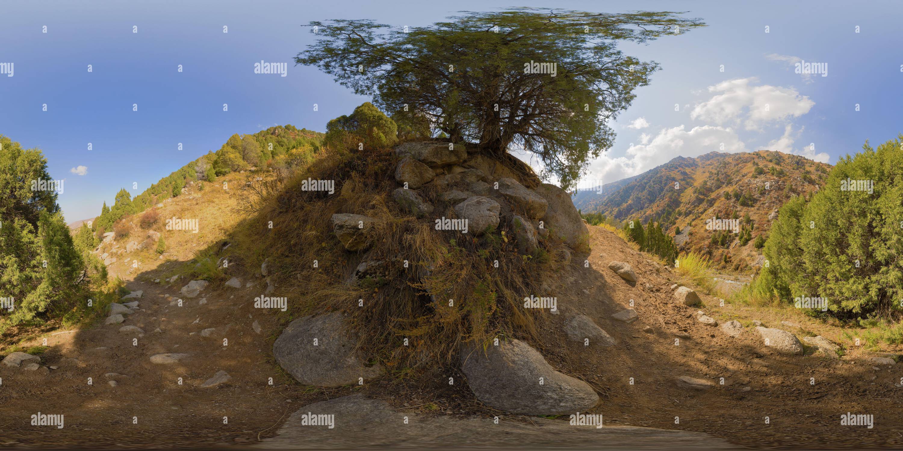 360° view of Full Spherical panorama of rocky hiking trail trough ...