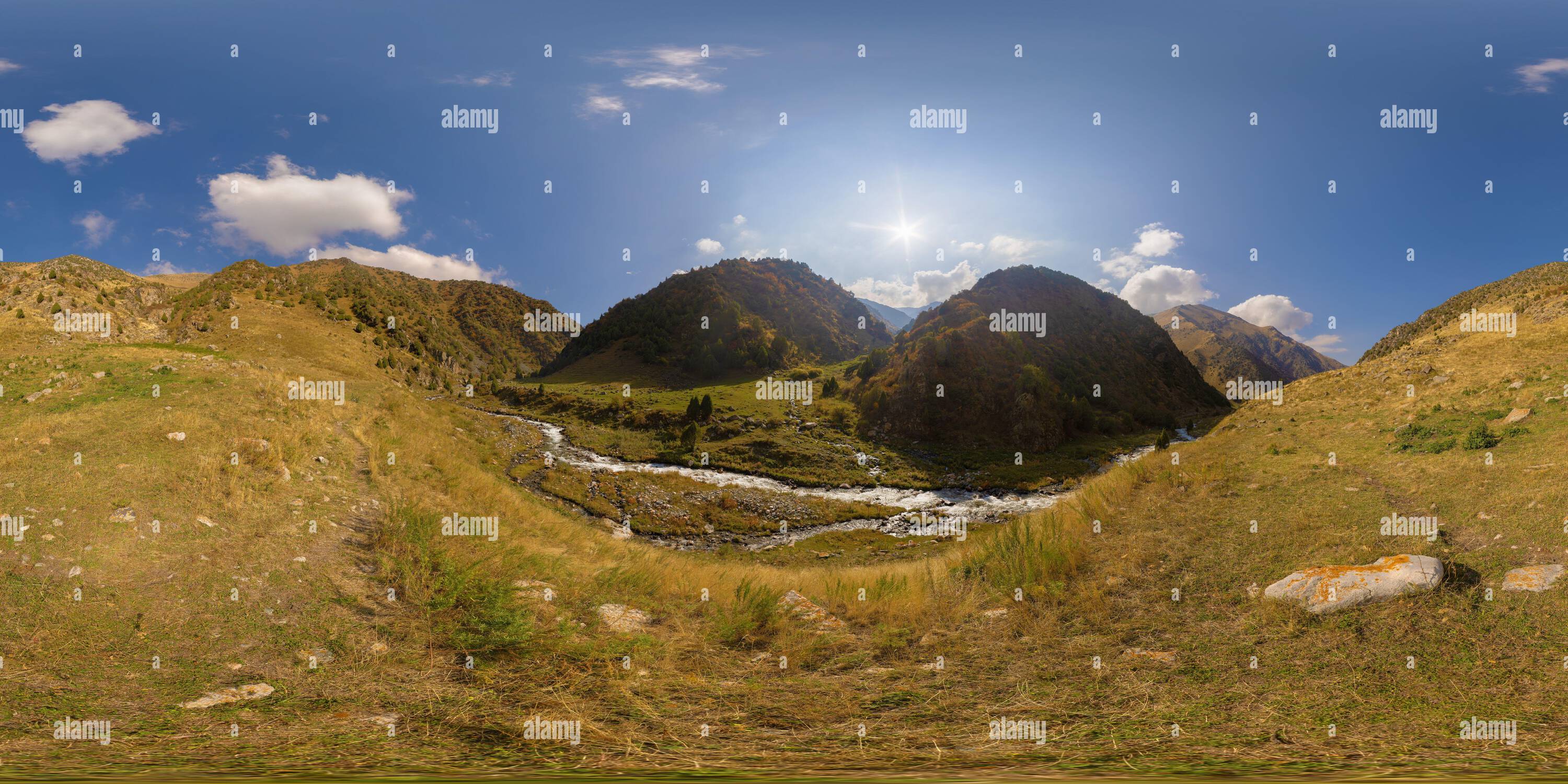 360° view of Full Spherical panorama of autumnal highland pasture on ...