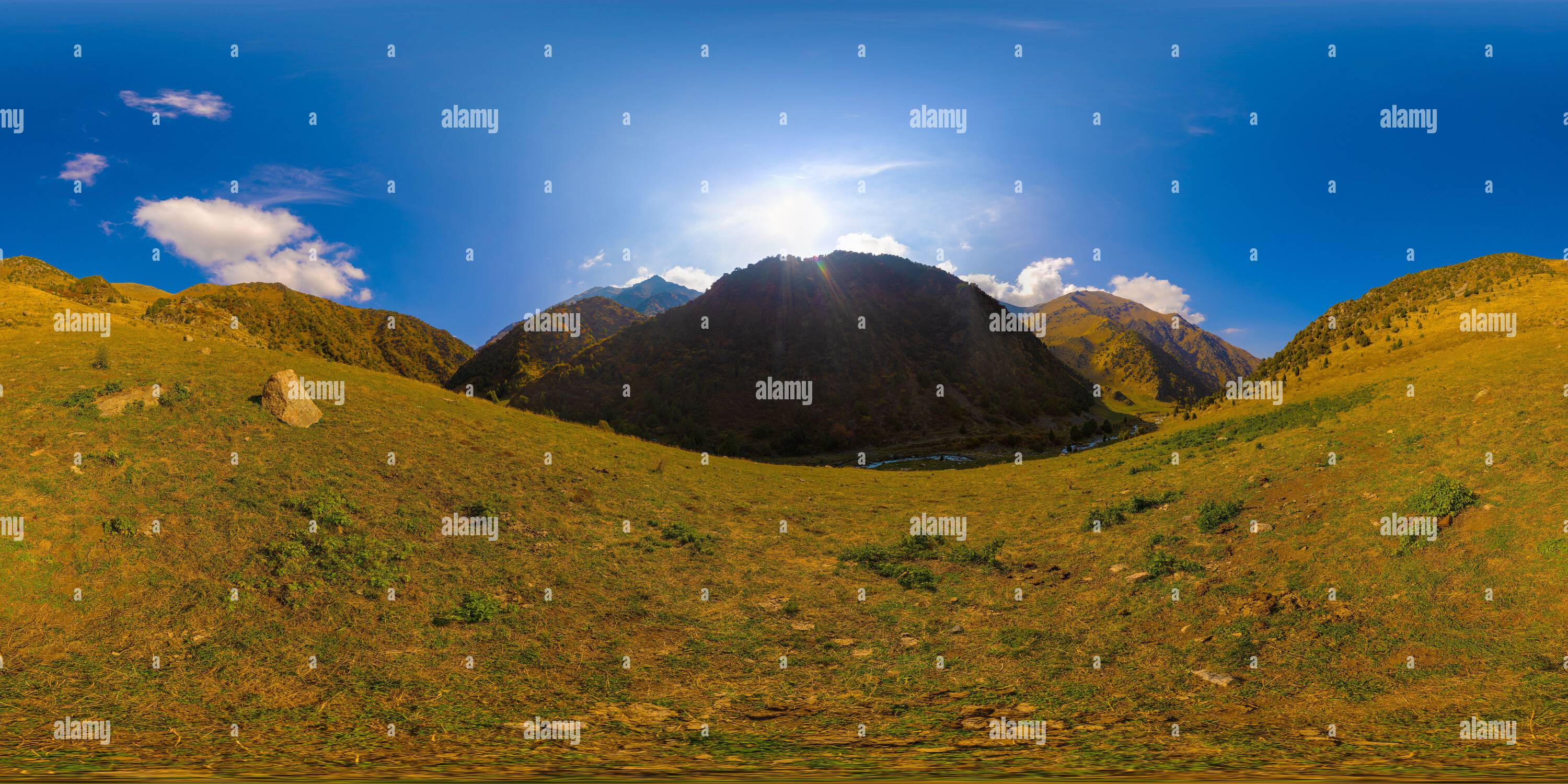 360° view of Full Spherical panorama of autumnal highland pasture on ...