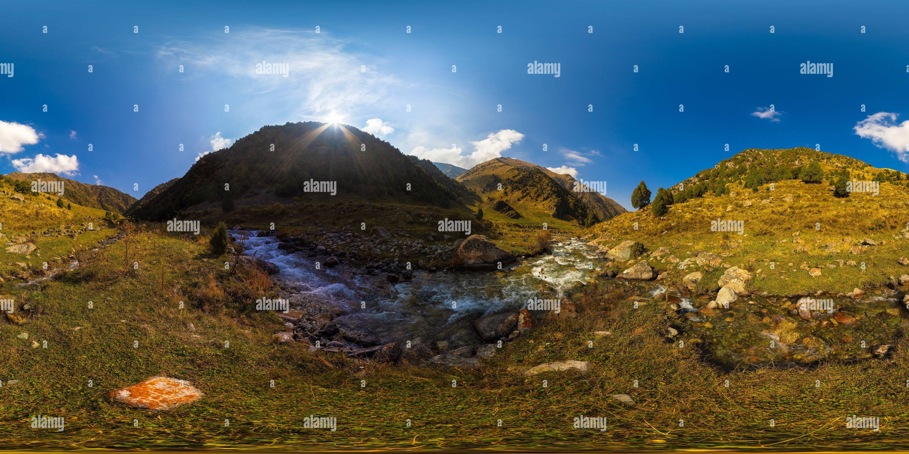 360° view of Full Spherical panorama of mountain river in shadow of ...
