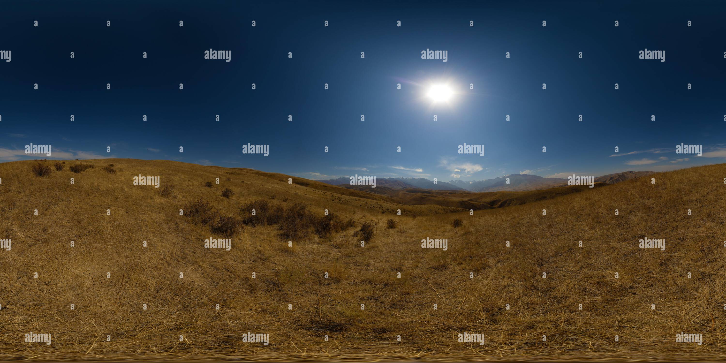 360° view of Full Spherical panorama of dry grass foothills at sunny ...