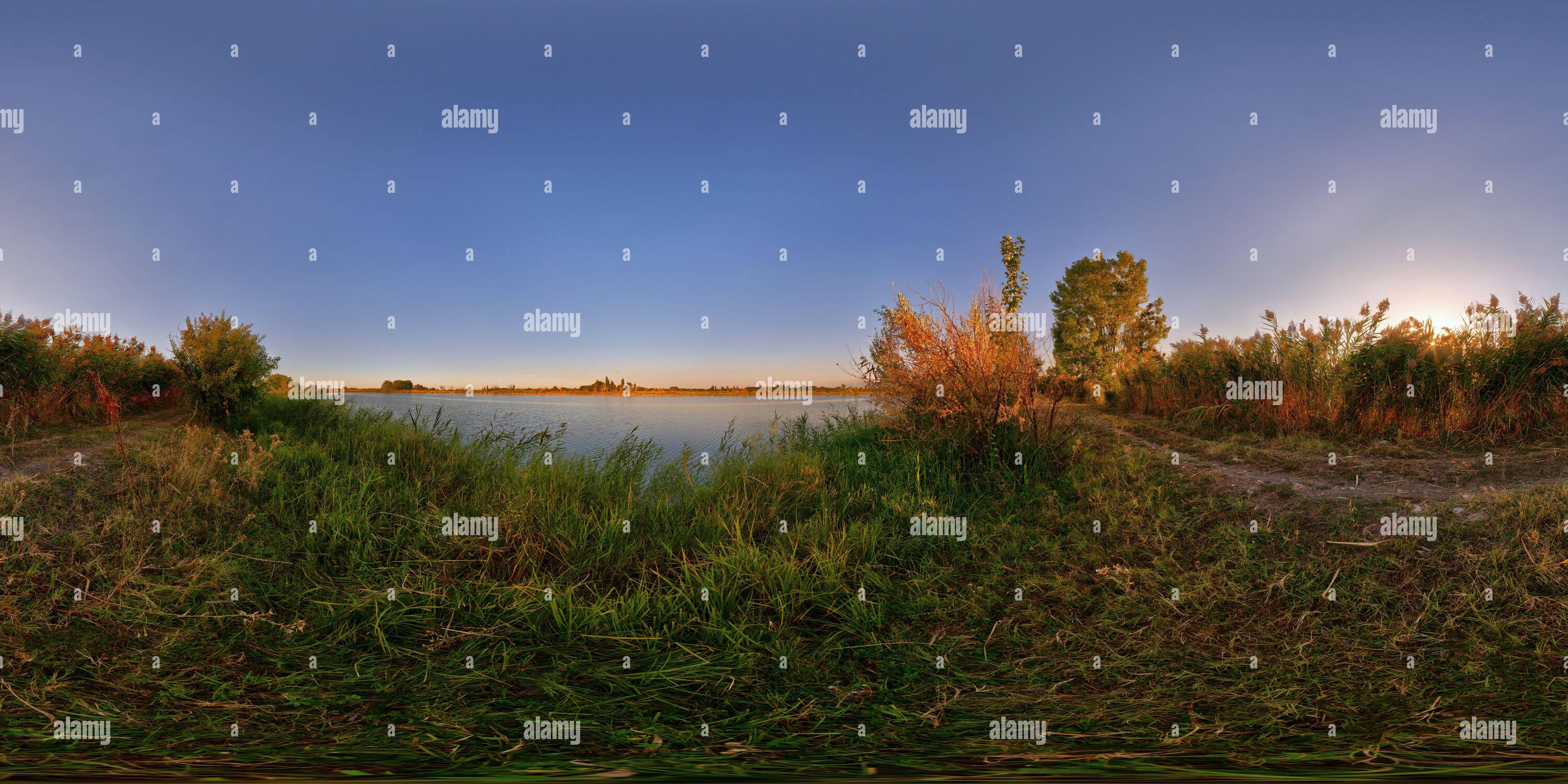 360° view of Full Spherical panorama of small pond shore at beautiful ...