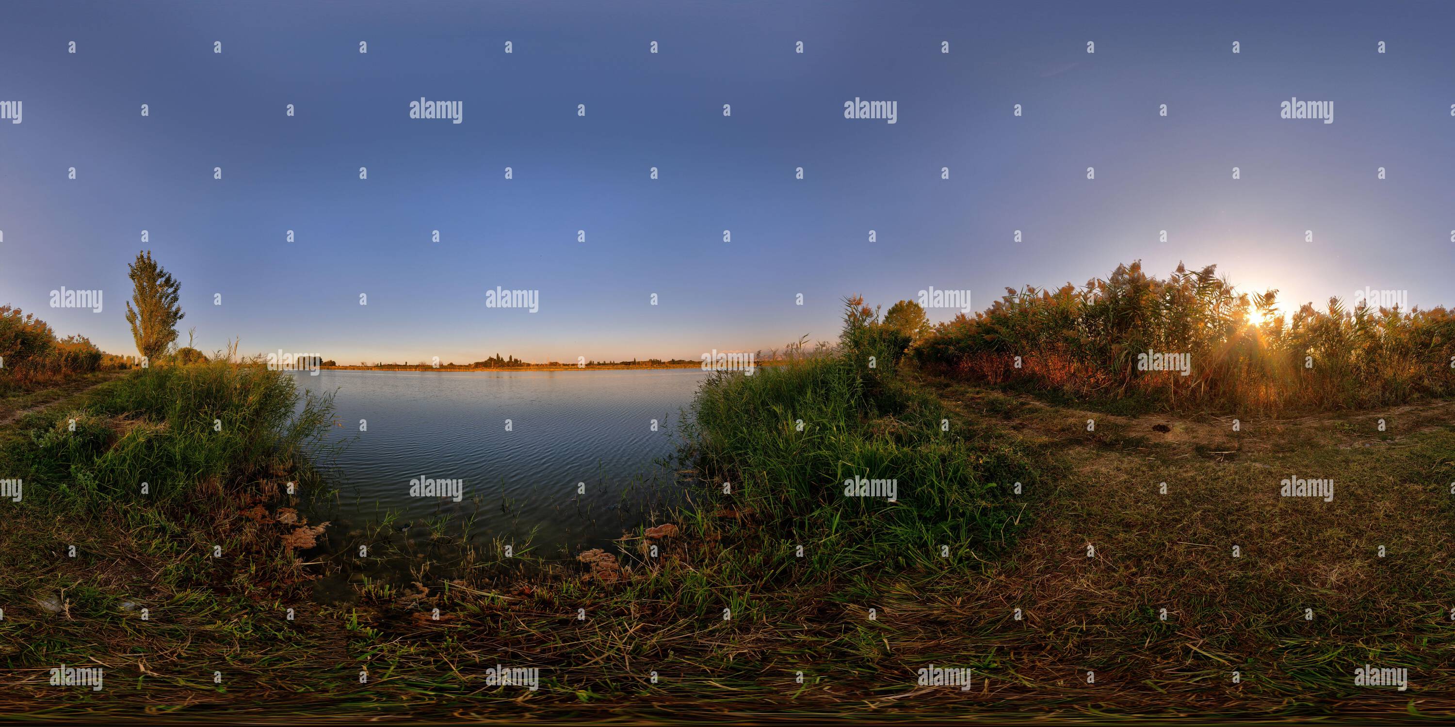 360° view of Full Spherical panorama of small pond shore at beautiful ...