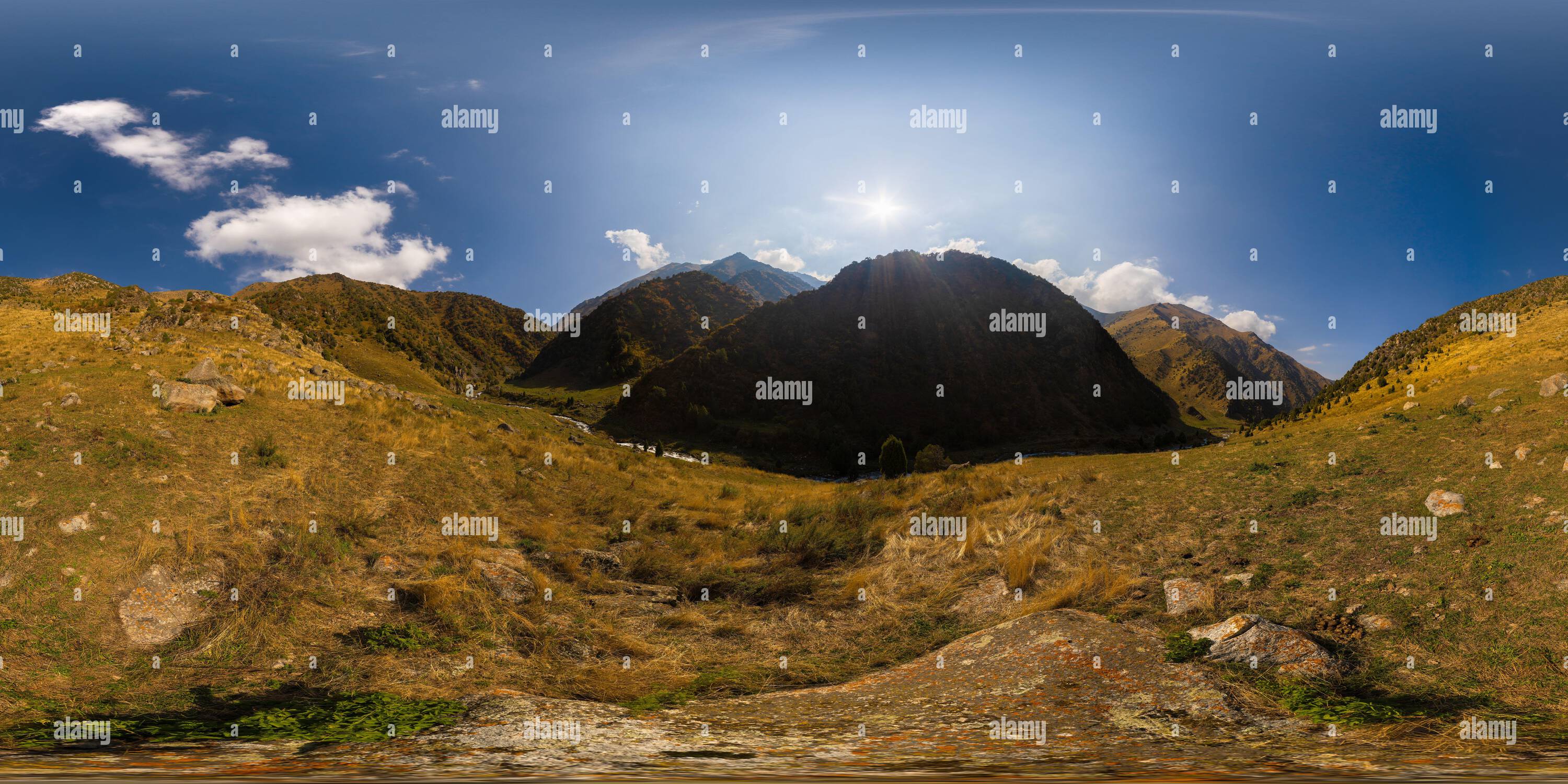 360° view of Full Spherical panorama of autumnal highland pasture on ...