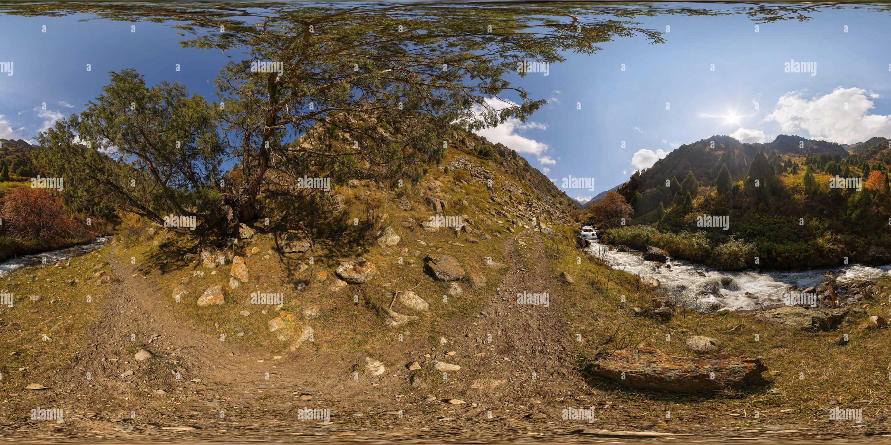 360° view of Full Spherical panorama of rocky hiking trail trough ...