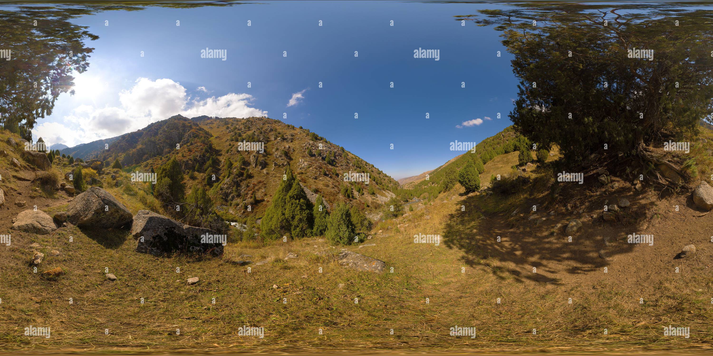 360° view of Full Spherical panorama of rocky hiking trail trough ...