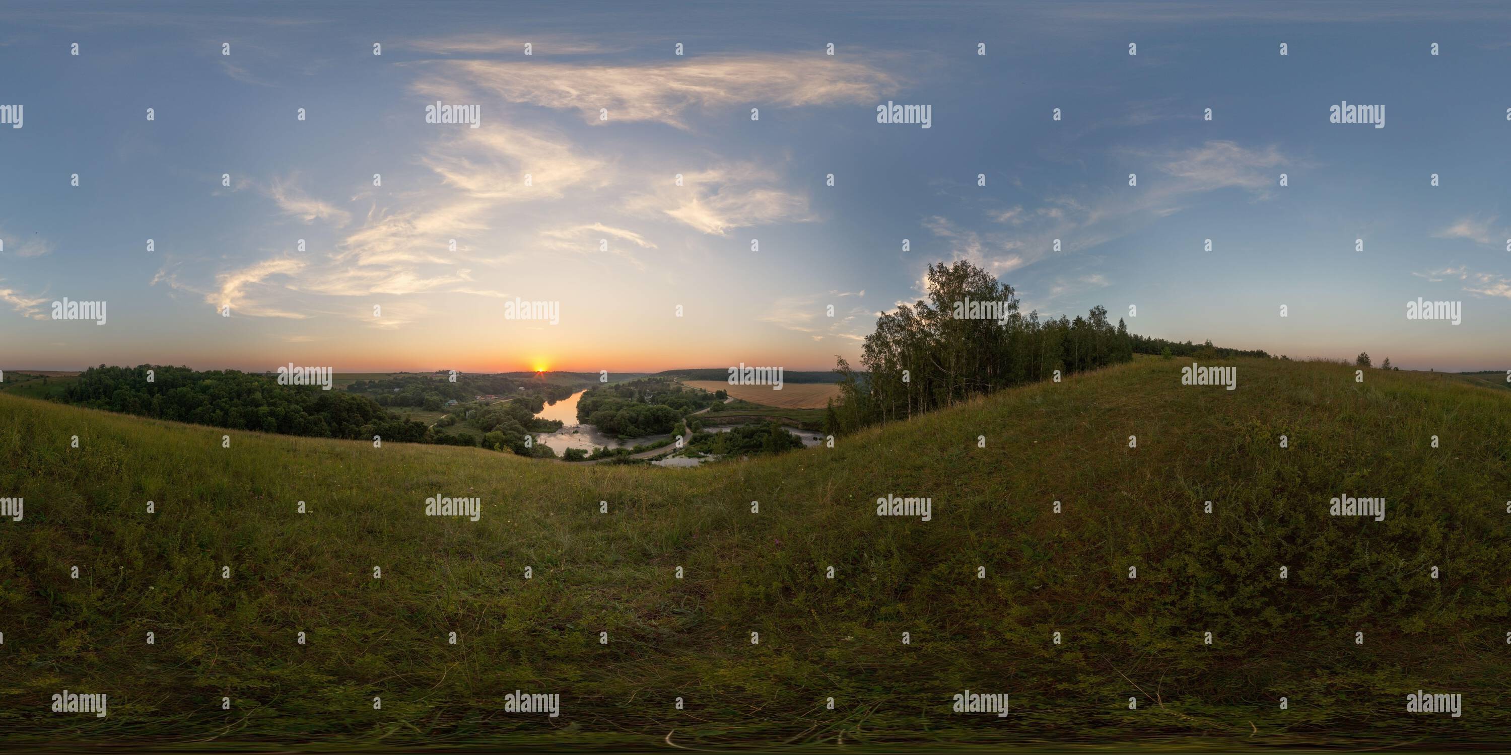 360° view of Spherical panorama from hill at summer sunset. Full view ...