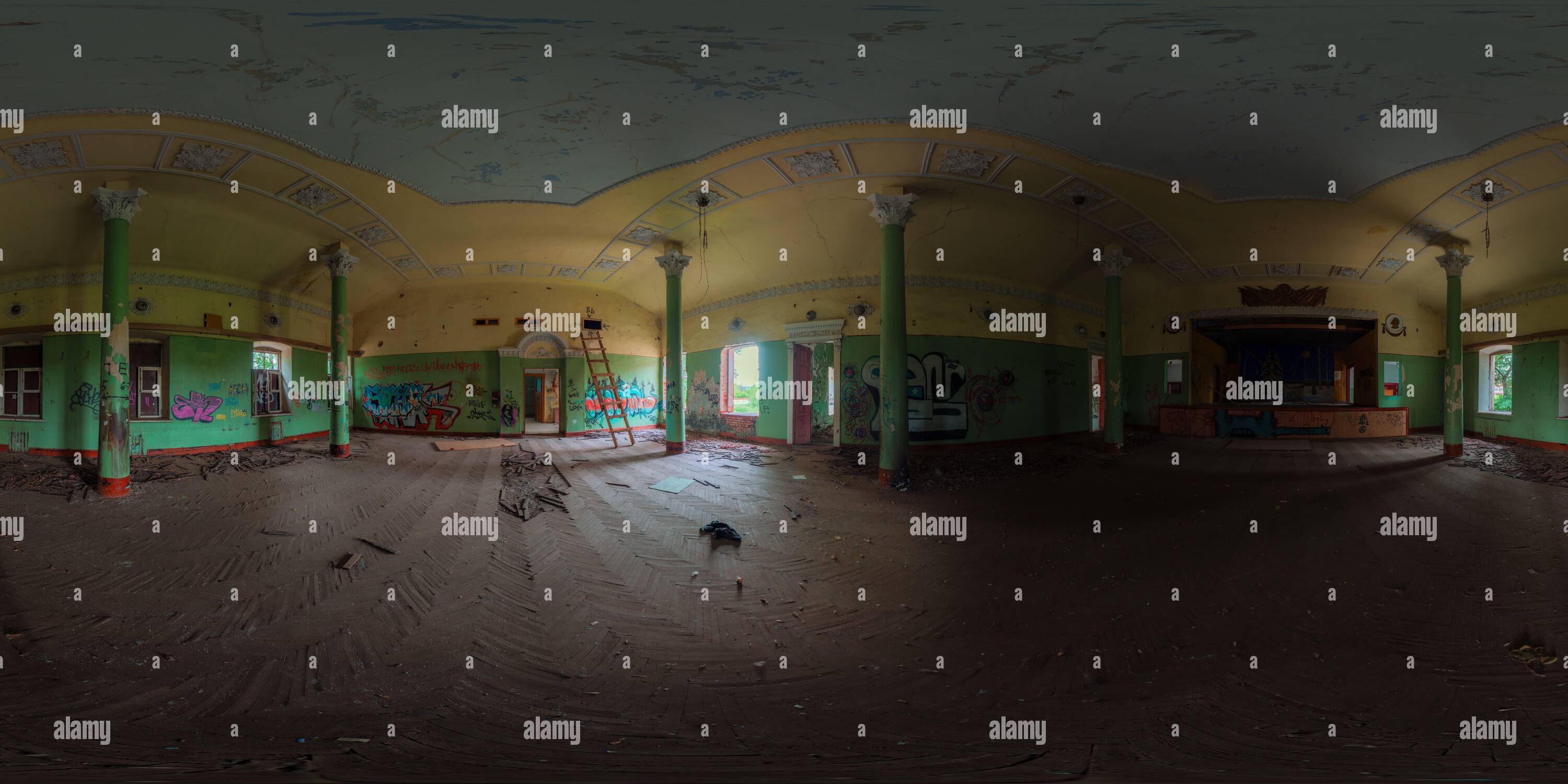 360° view of Panoramic shot of abandoned hall. Full spherical 360 by ...