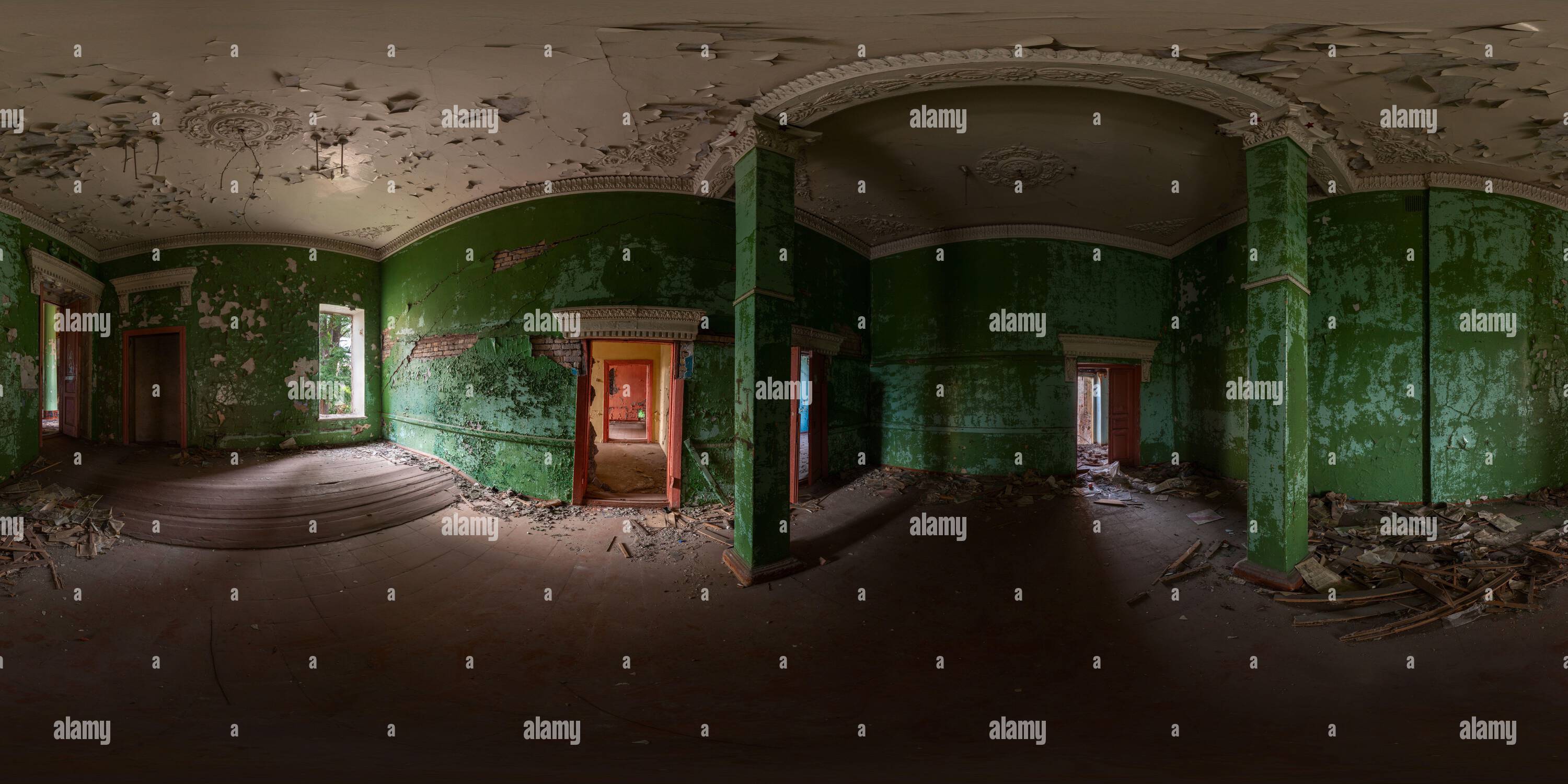 360° view of Panoramic shoit of abandoned hall interior. Full spherical ...