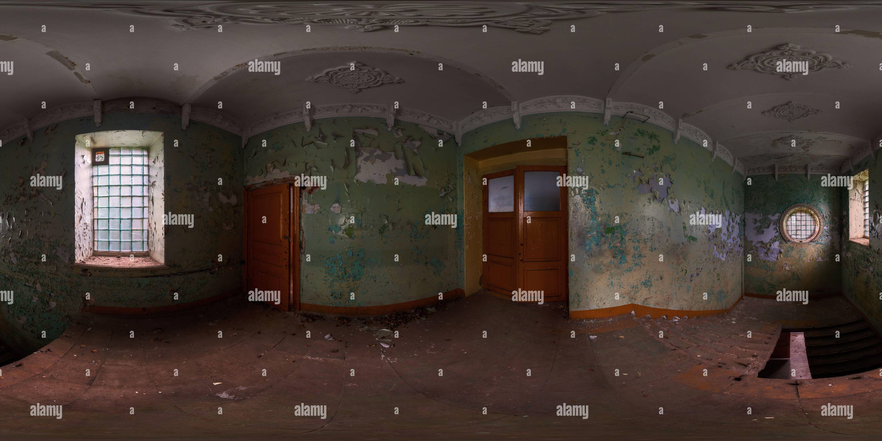 360° view of Panoramic shoit of staircase in abandoned house. Full ...