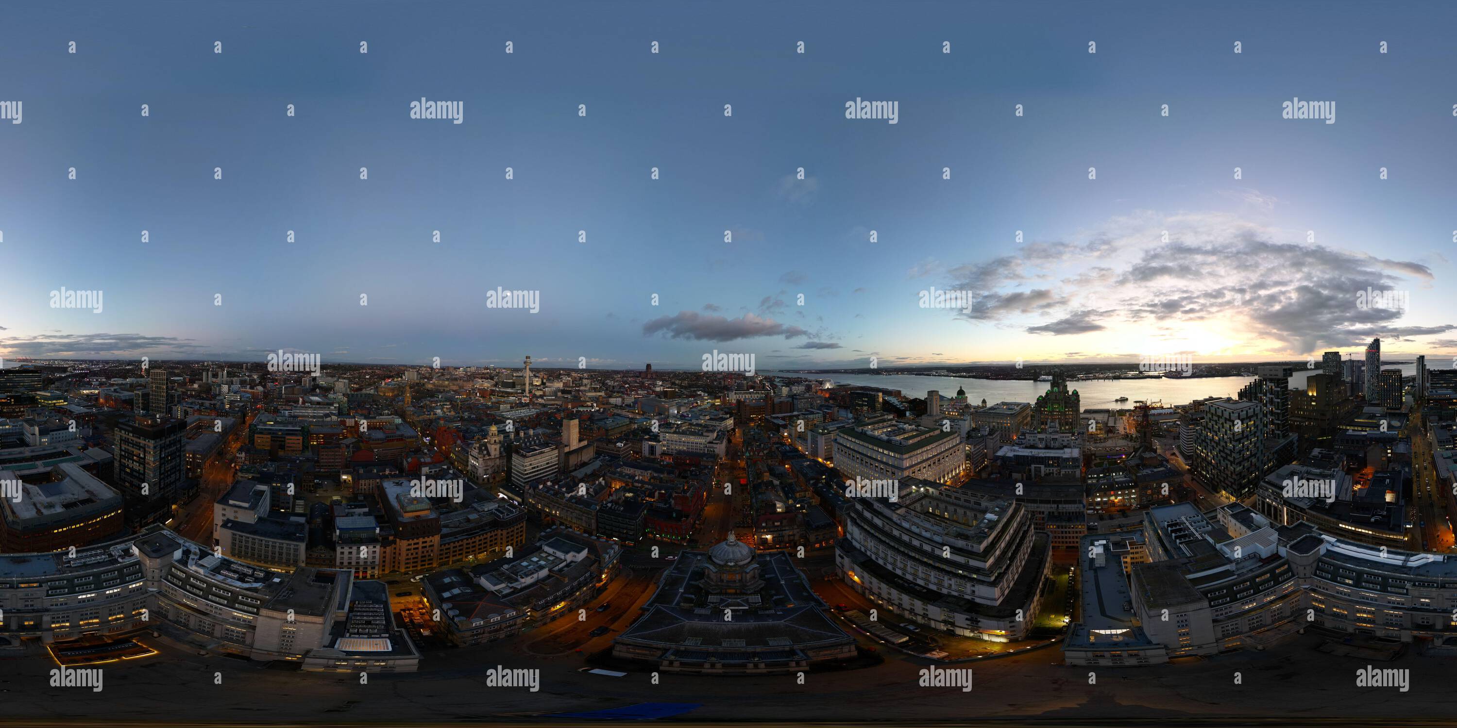 360° view of Panoramic aerial view of Liverpool at dusk, featuring the ...