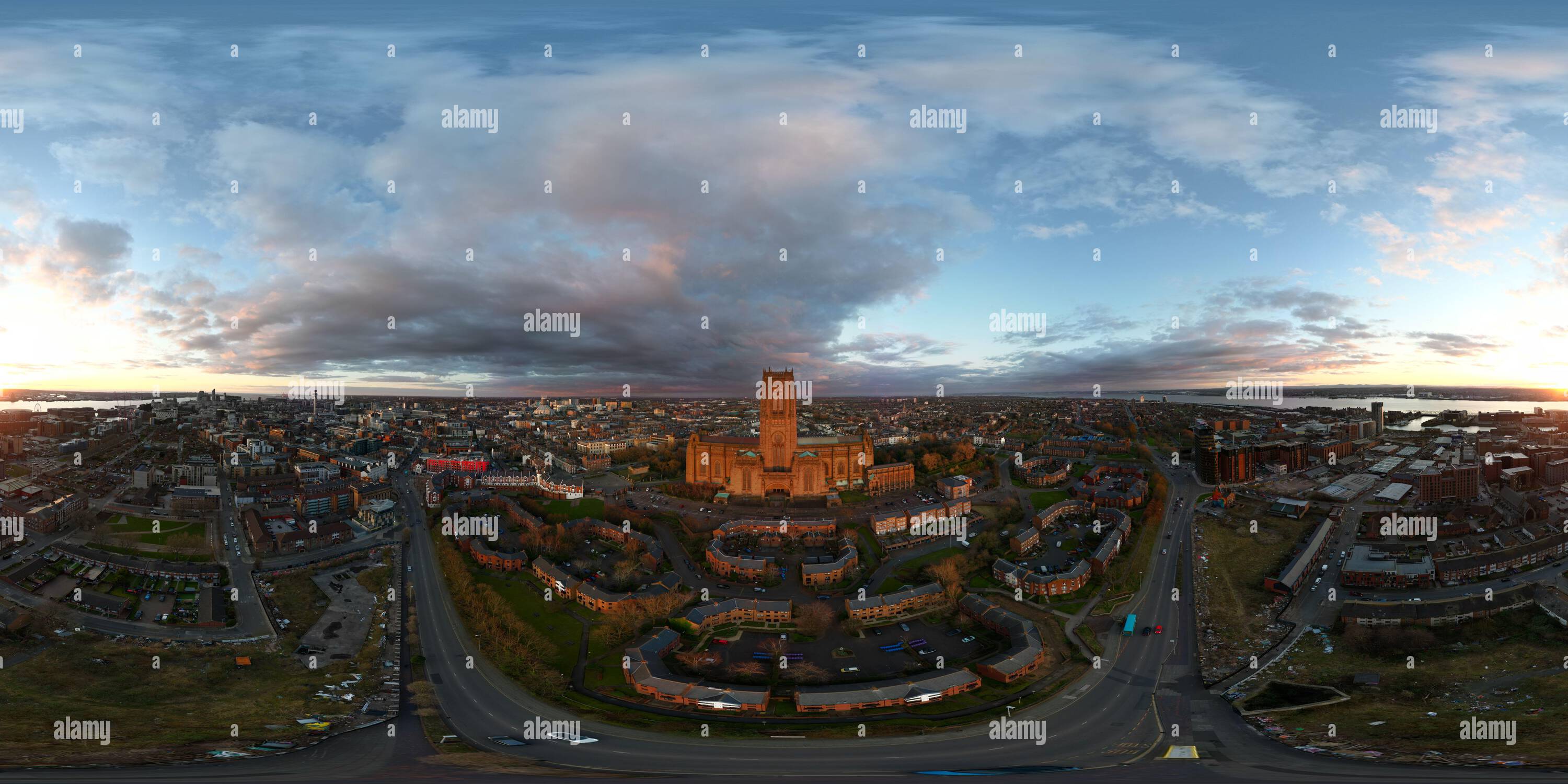 360° view of 360° panoramic aerial view of Liverpool Cathedral at dusk ...