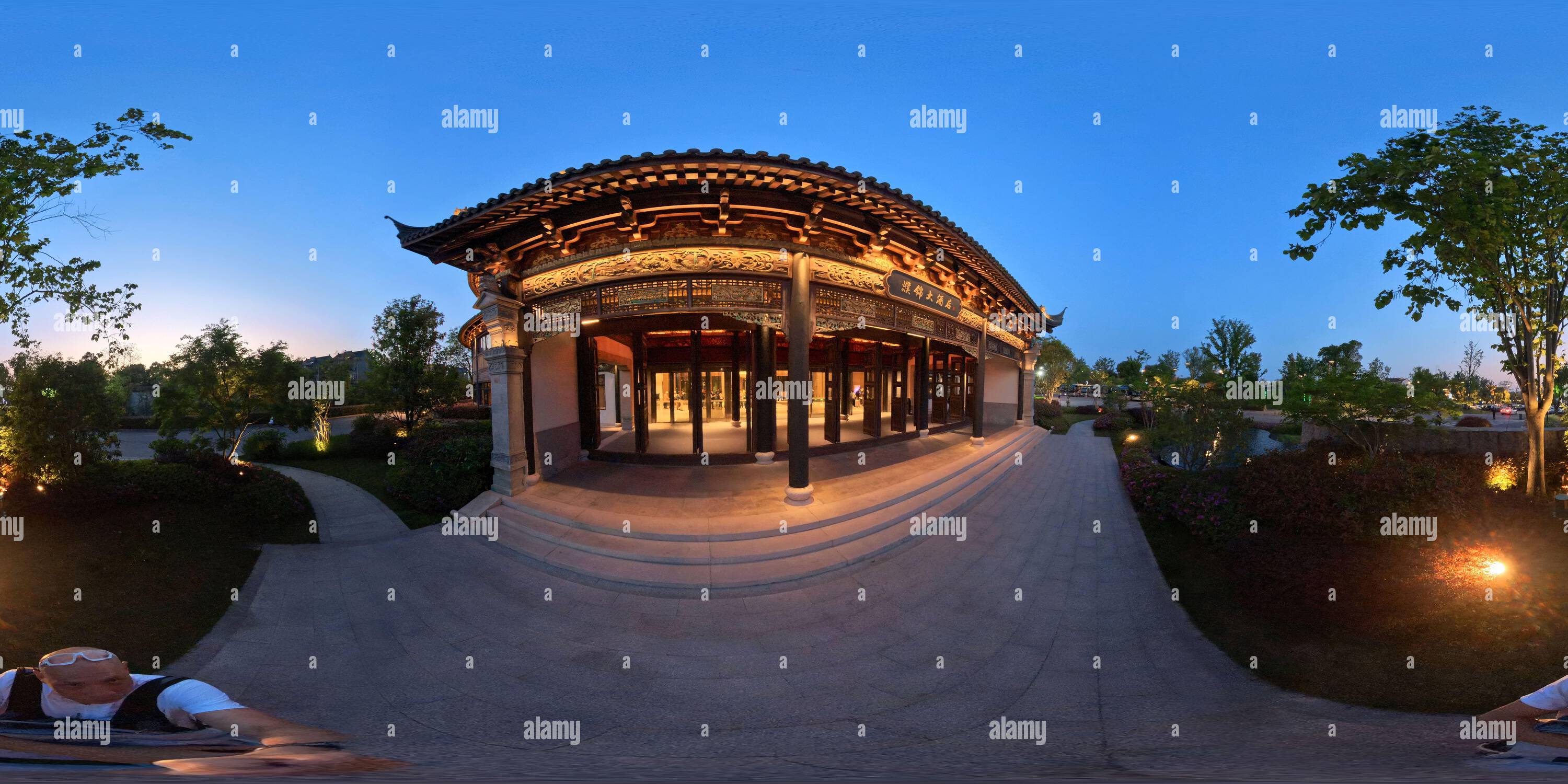 360° view of 360 view of A majestic wooden temple with a traditional ...